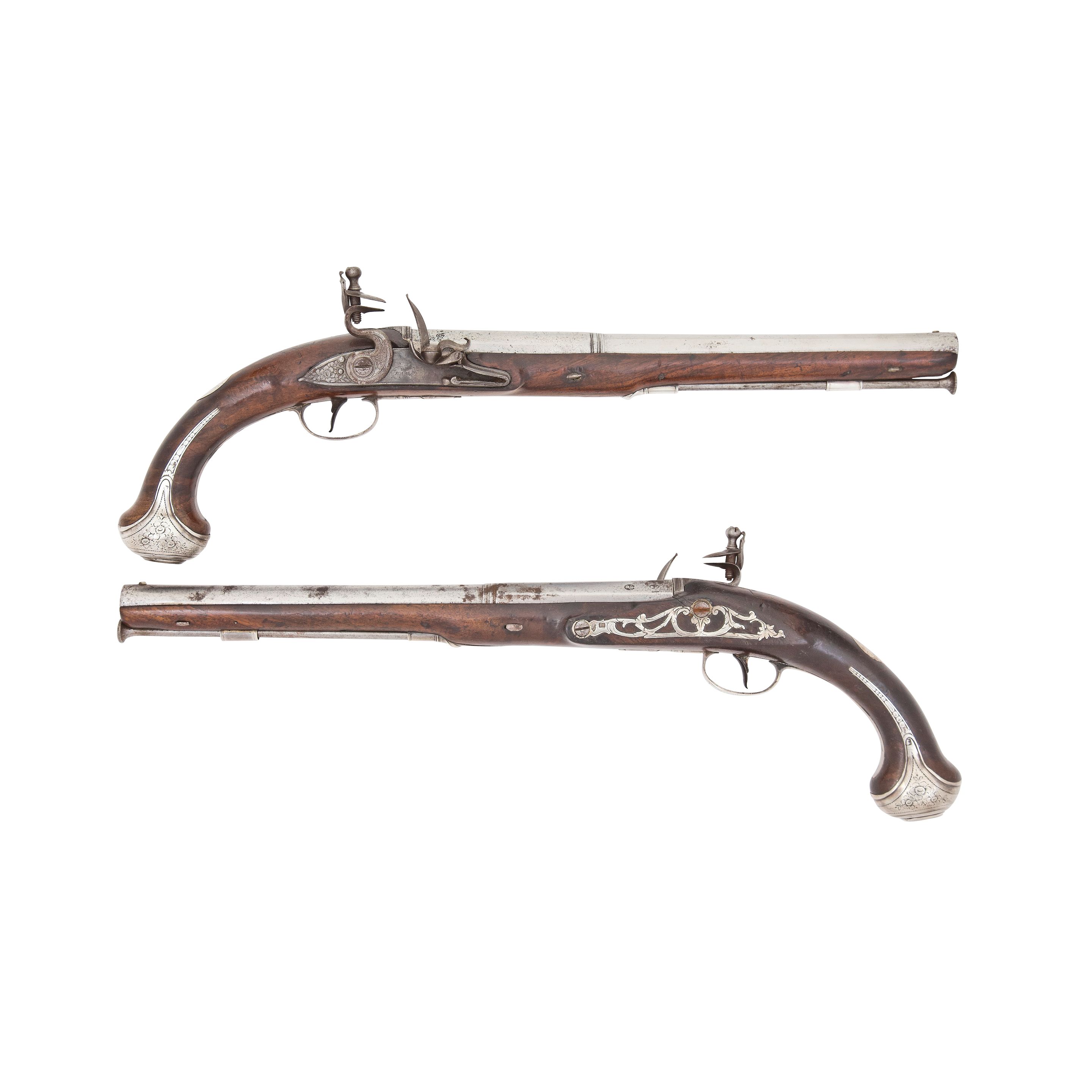 Bonhams : A Rare Pair Of Irish 18-Bore Flintlock Silver-Mounted ...