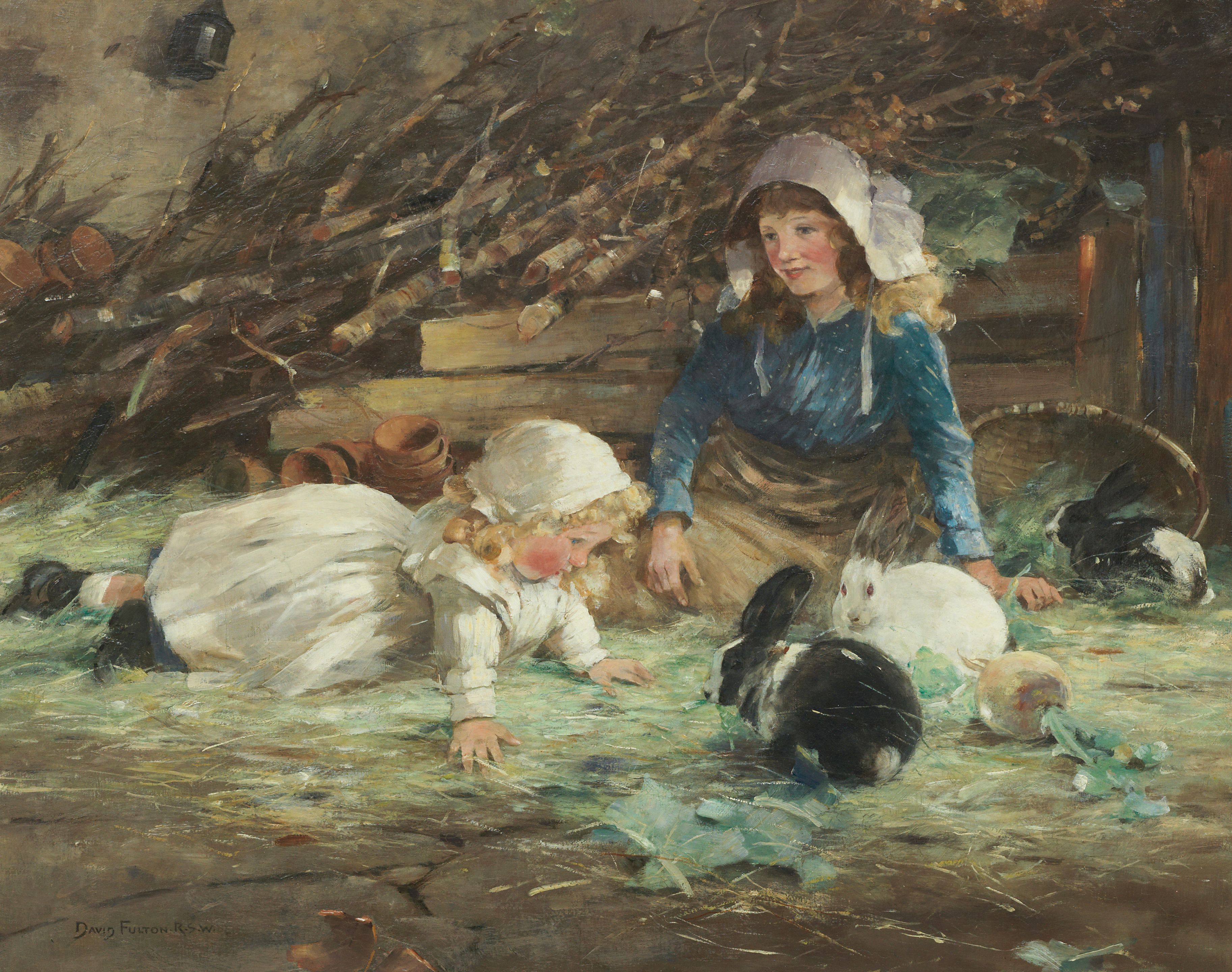 Bonhams : David Fulton RSW (British, 1848-1930) Young girls and their pet rabbits