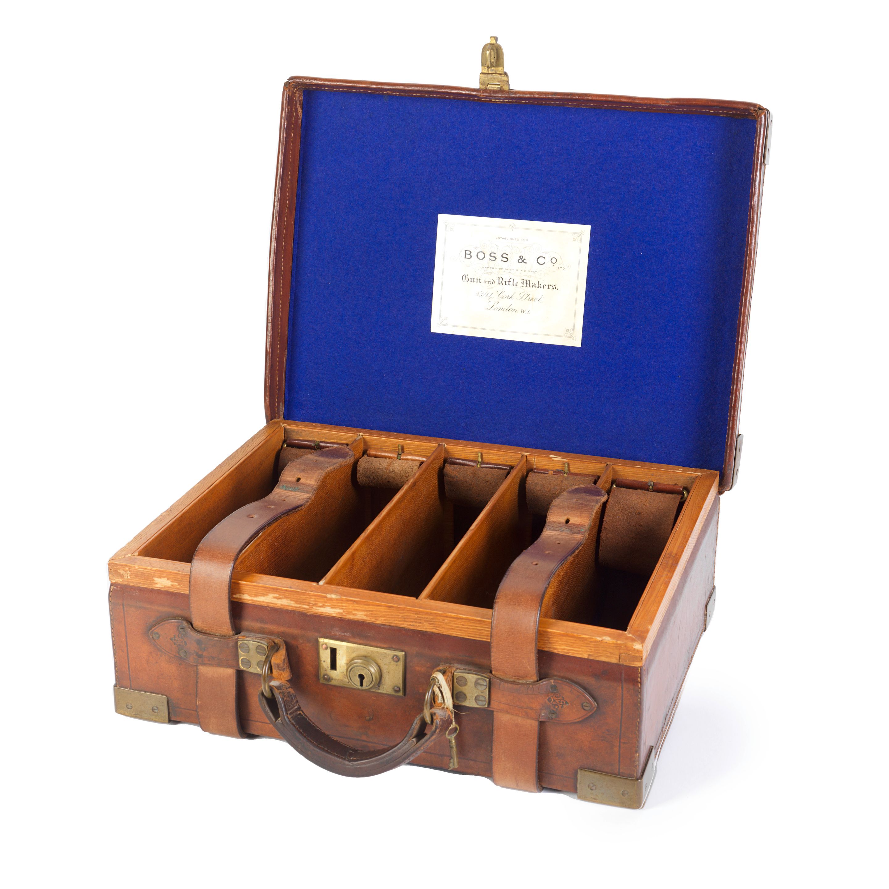 Bonhams : A brass-mounted oak and leather cartridge magazine with Boss ...