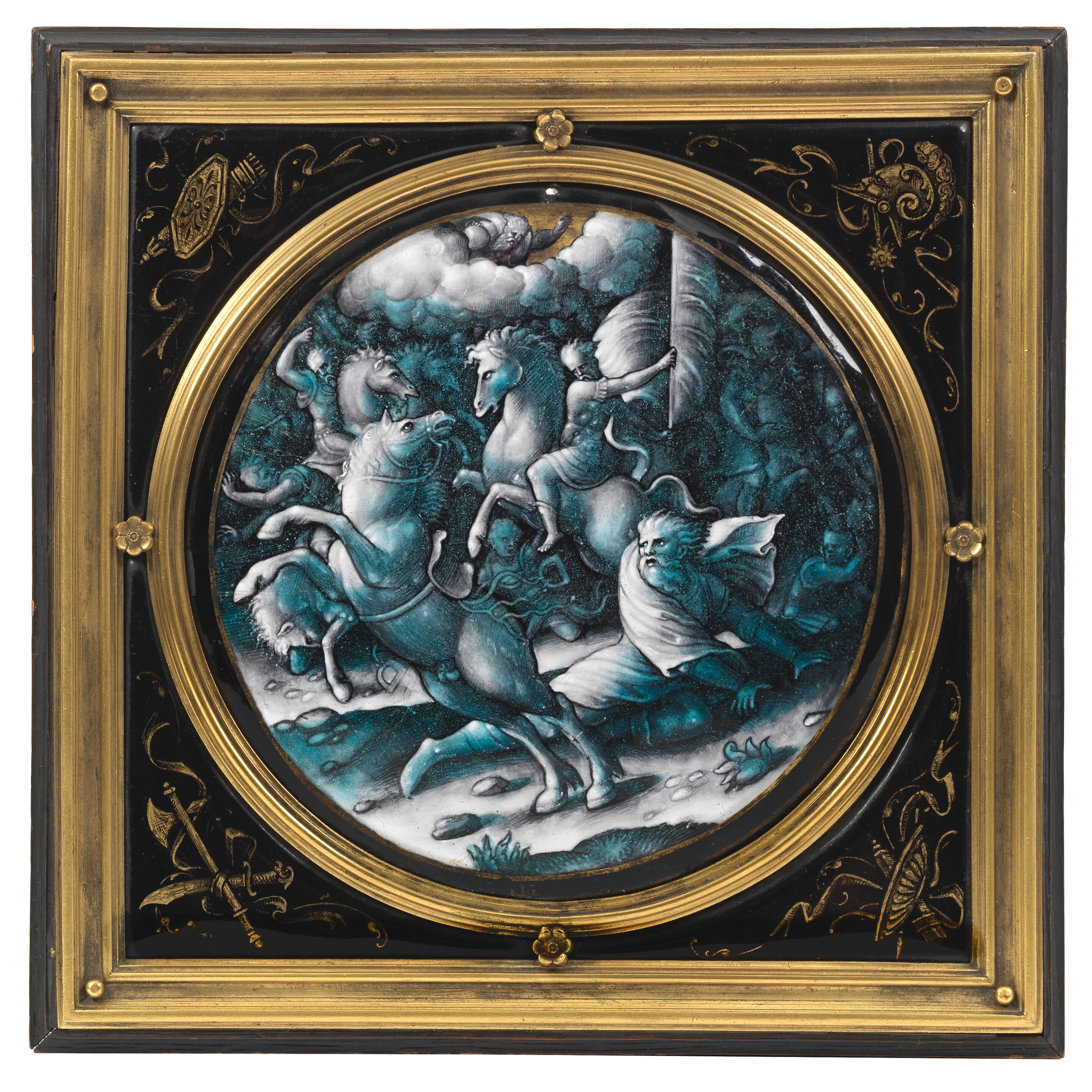 Bonhams : A Limoges grisaille and turquoise shaded enamel circular plaque depicting the ...