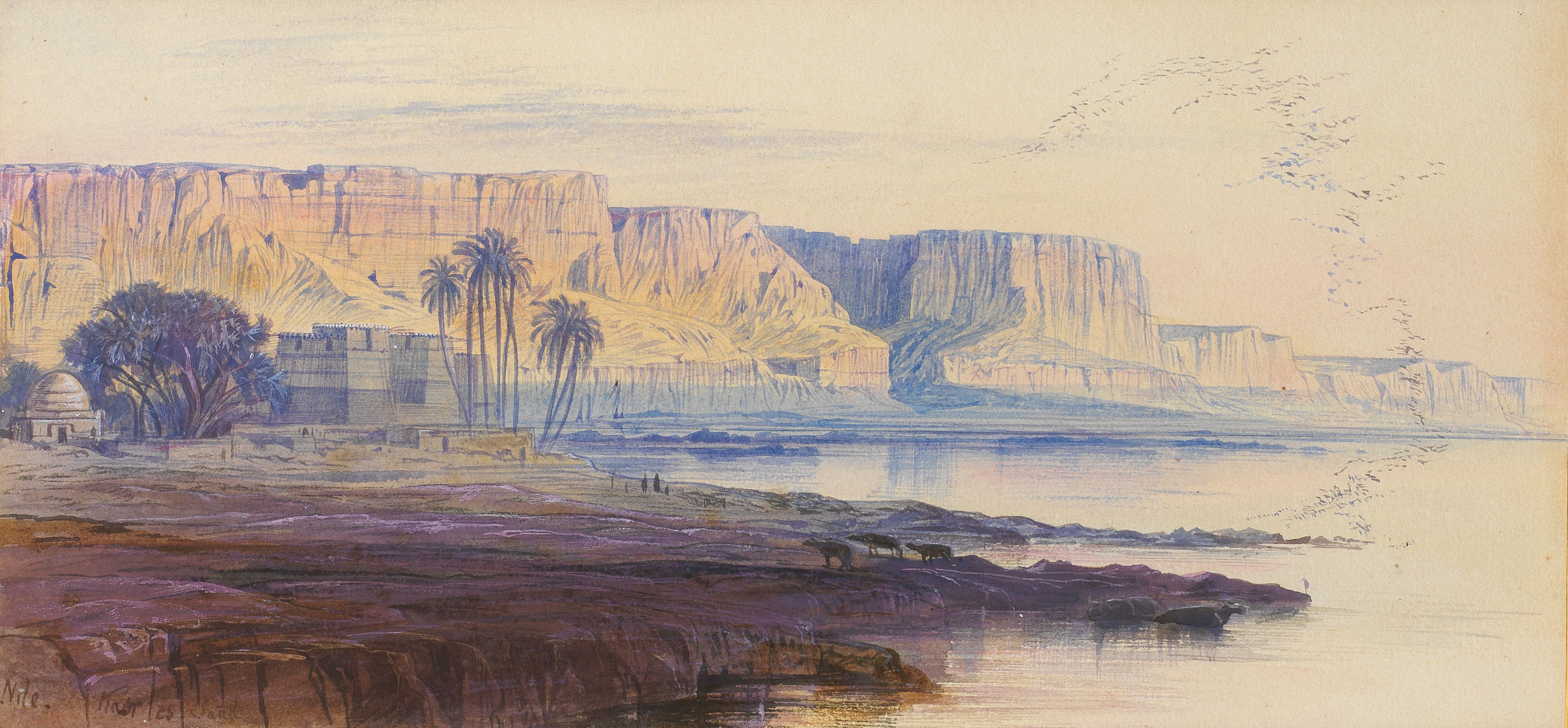 Bonhams : Edward Lear (British, 1812-1888) The Nile at Kasr-es-Saad