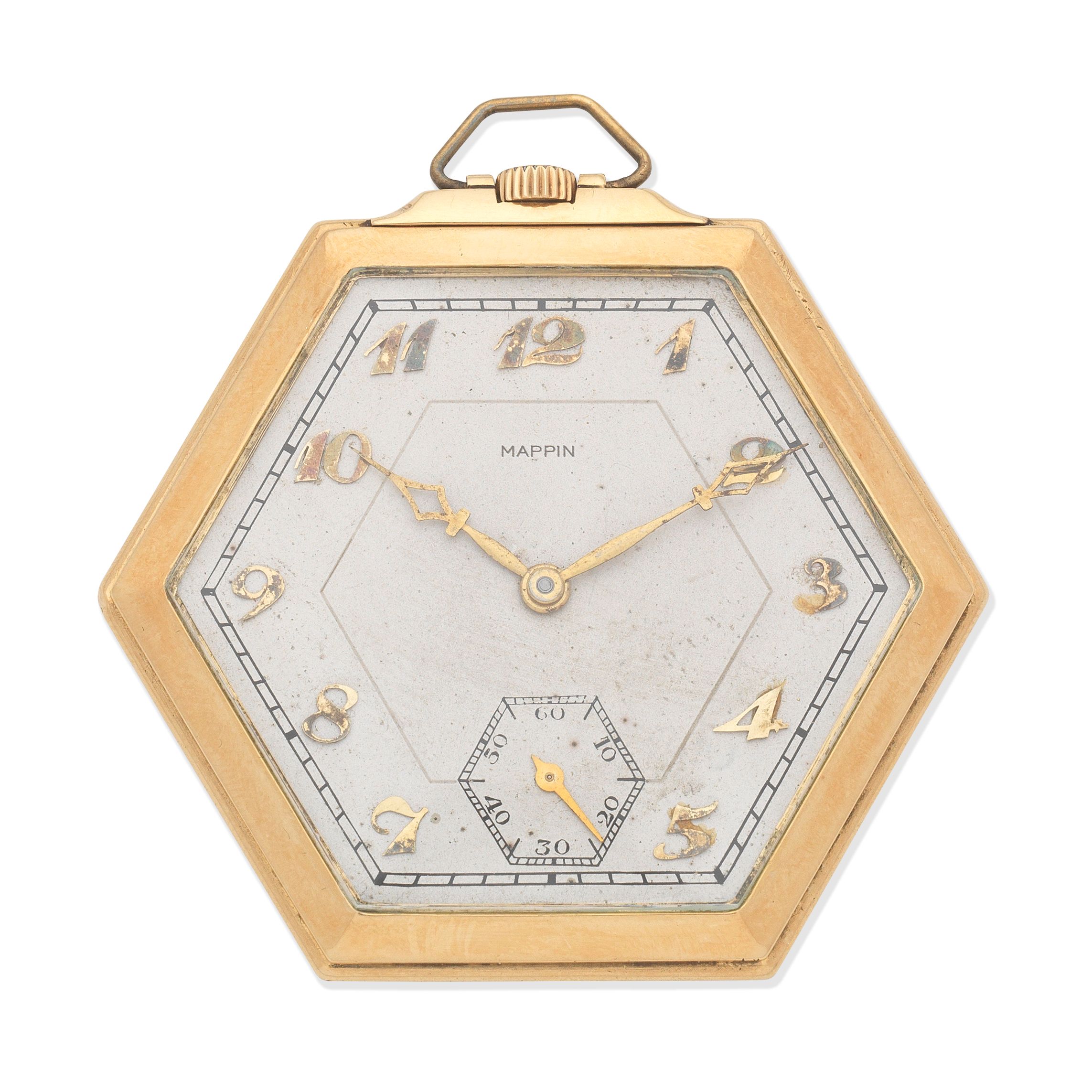 Bonhams : Mappin. An 18K gold keyless wind open face hexagonal pocket ...
