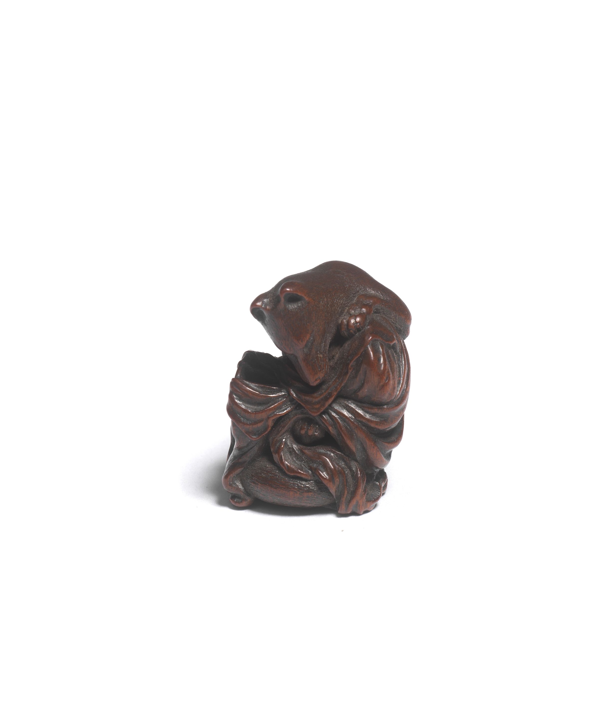 Bonhams : A WOOD NETSUKE OF A FOX WITH A DRUM (KITSUNE TADANOBU) By ...