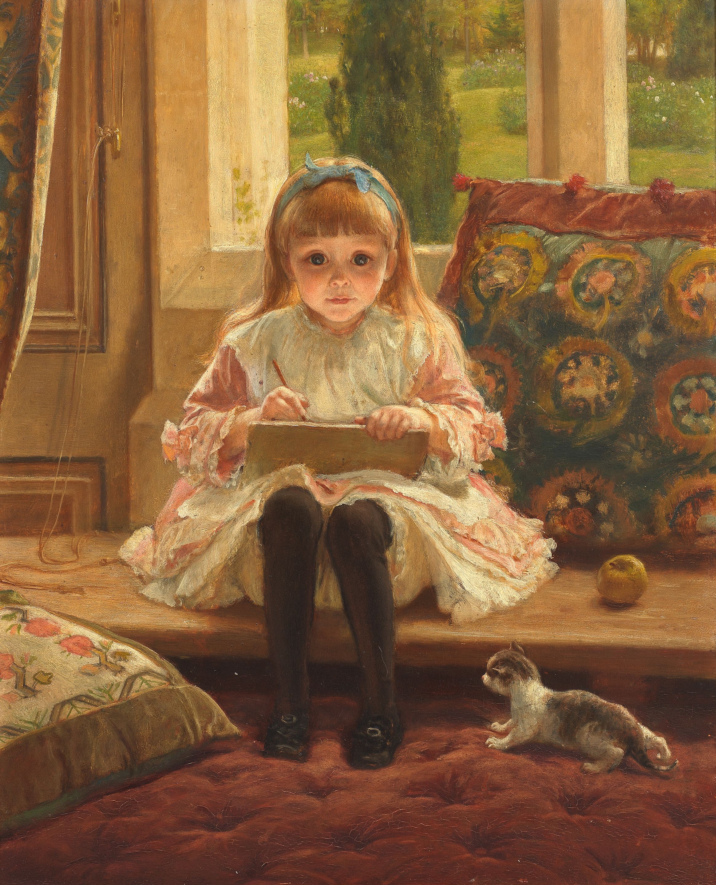 Bonhams : Frederick Goodall, RA (British, 1822-1904) Portrait of Rica sitting in the bay window ...