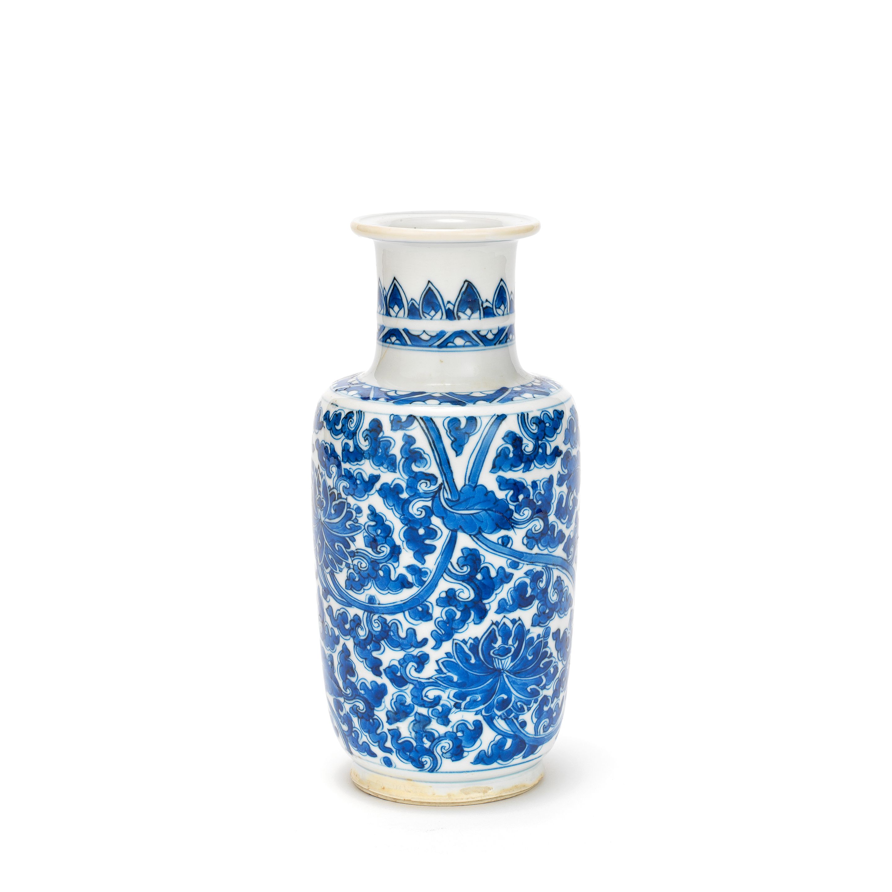 Bonhams : A BLUE AND WHITE 'LOTUS SCROLL' ROULEAU VASE Kangxi