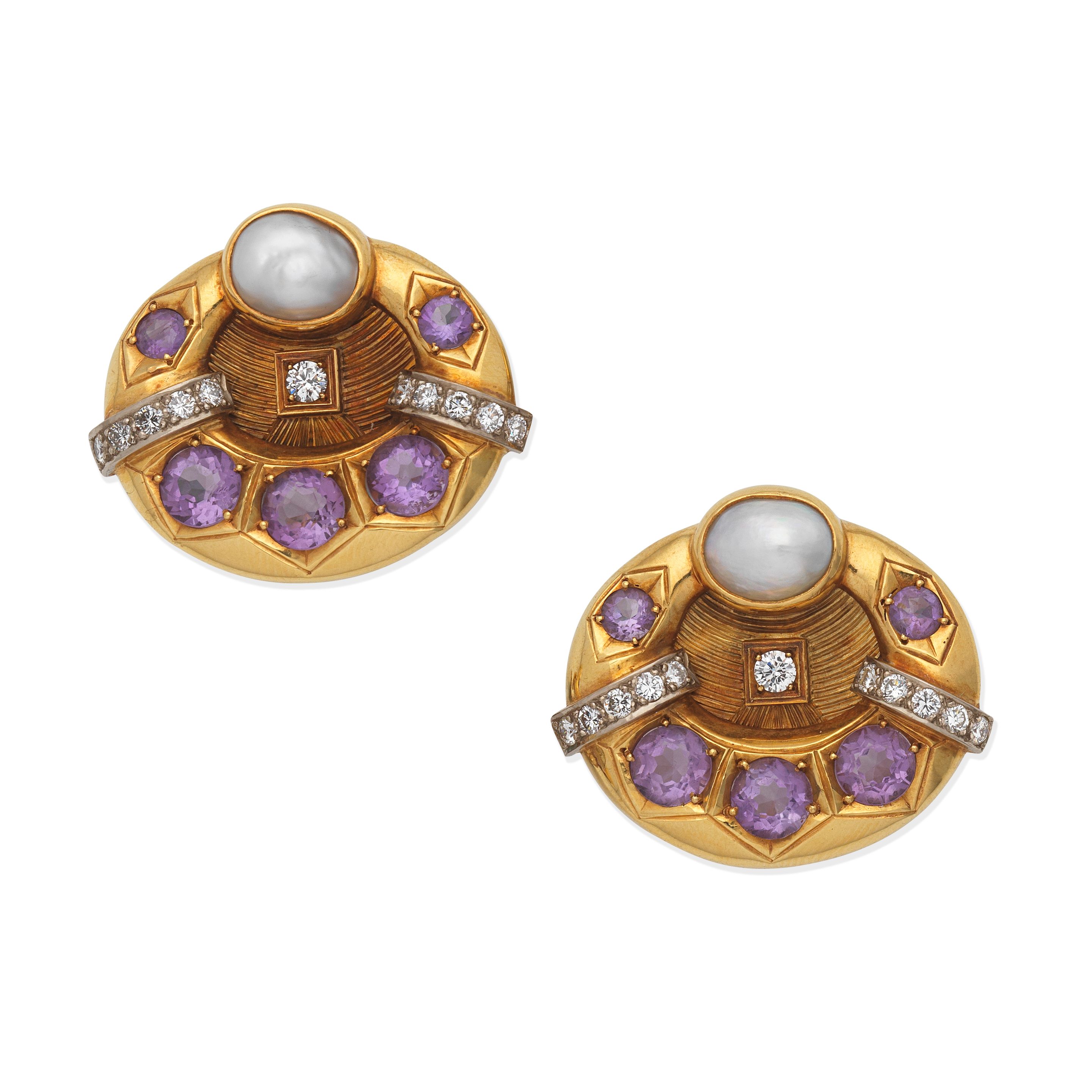 Bonhams : ELIZABETH GAGE AMETHYST, DIAMOND AND CULTURED PEARL EARCLIPS,