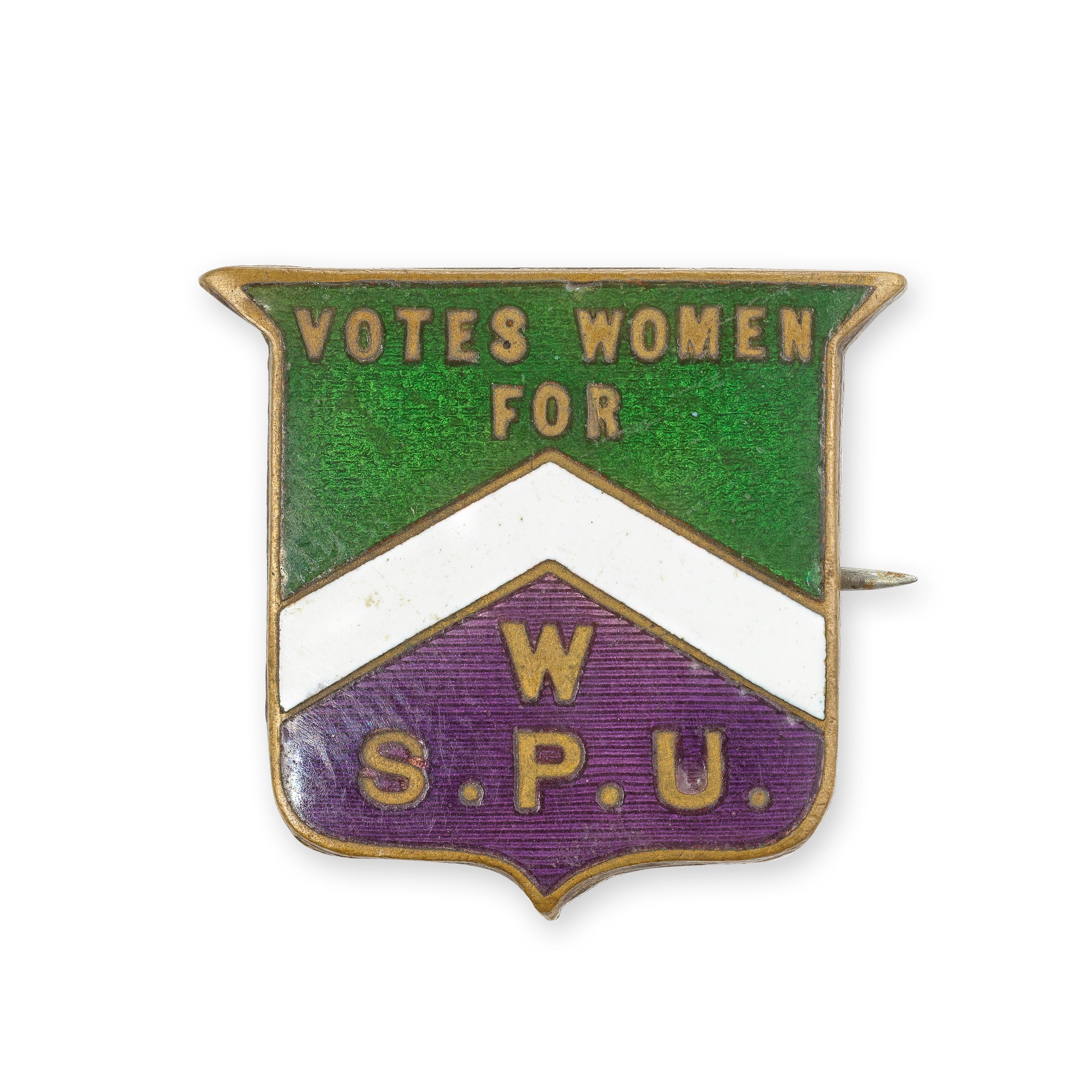 Bonhams : SUFFRAGETTE WSPU BADGE Enamel shield-shaped badge, c.1908