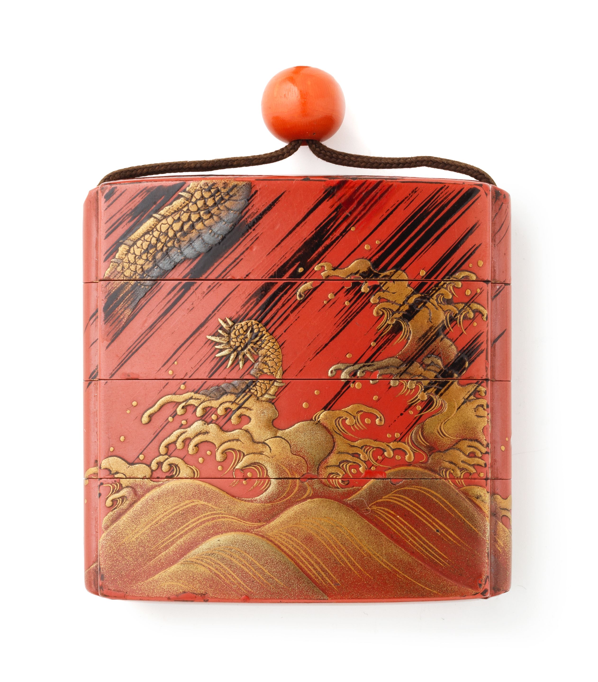 Bonhams : KAJIKAWA LINEAGE A Red-Lacquer Three-Case Square Inro Edo ...