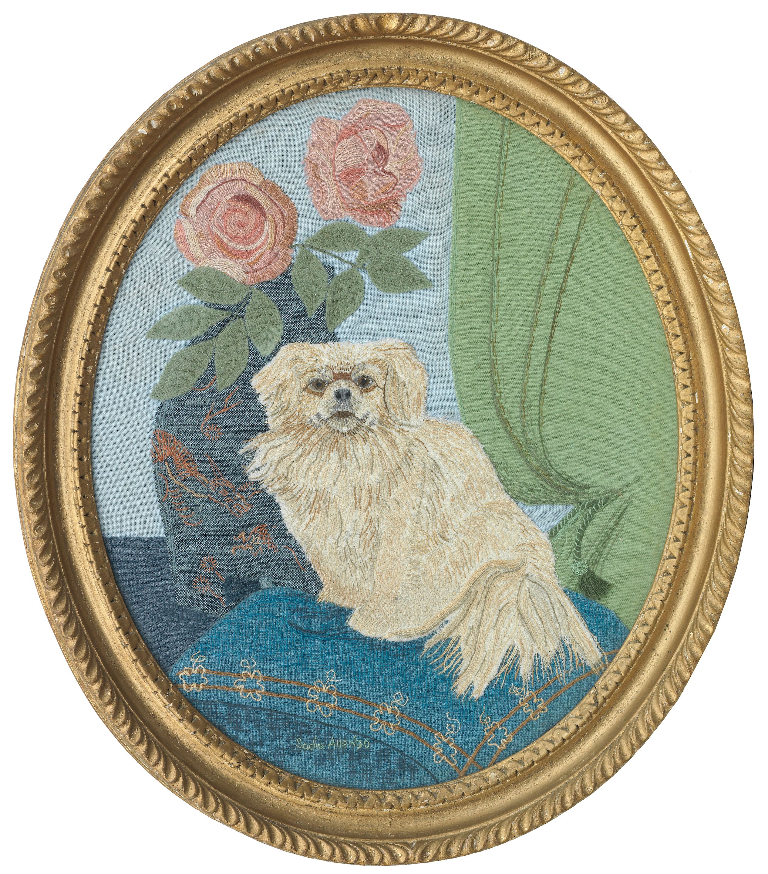 Bonhams : Sadie Allen (British, 1930-2017) An oval needlework depicting ...