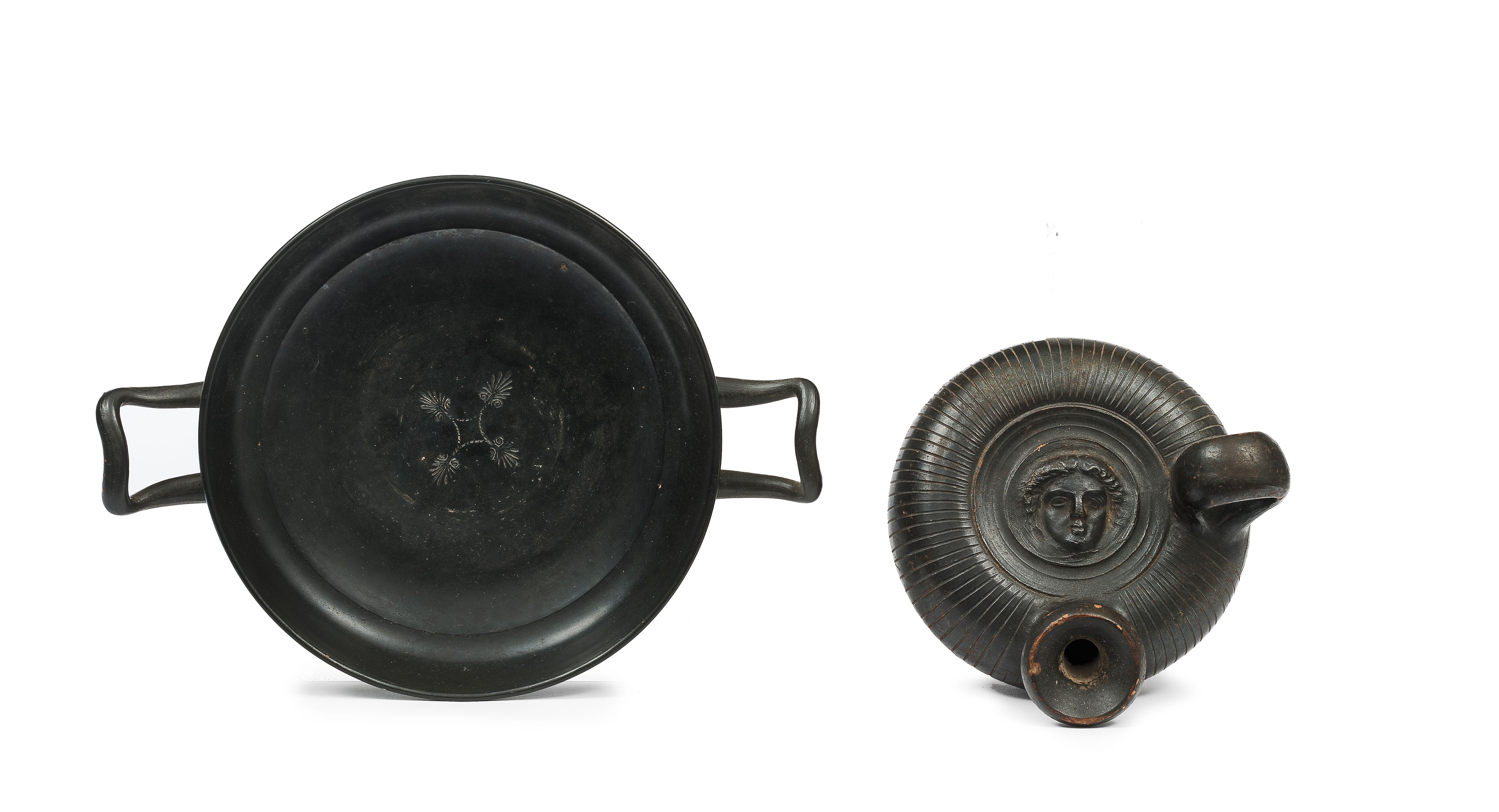 Bonhams : A Greek black-glazed guttus with Medusa head and a Gnathian ware black-glazed kylix 2