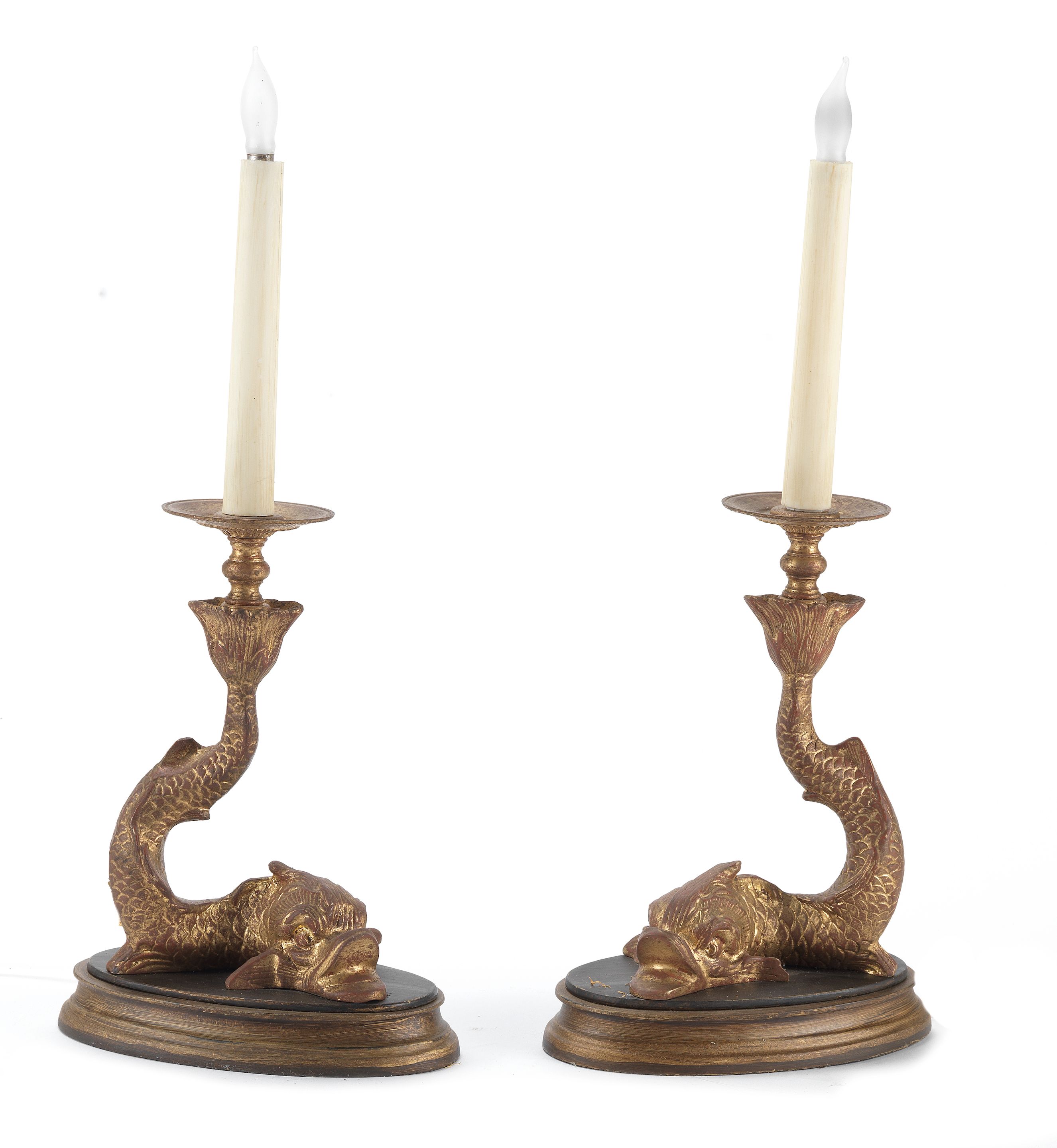 Bonhams : A pair of gilt bronze dolphin form lustre candlesticks in the ...