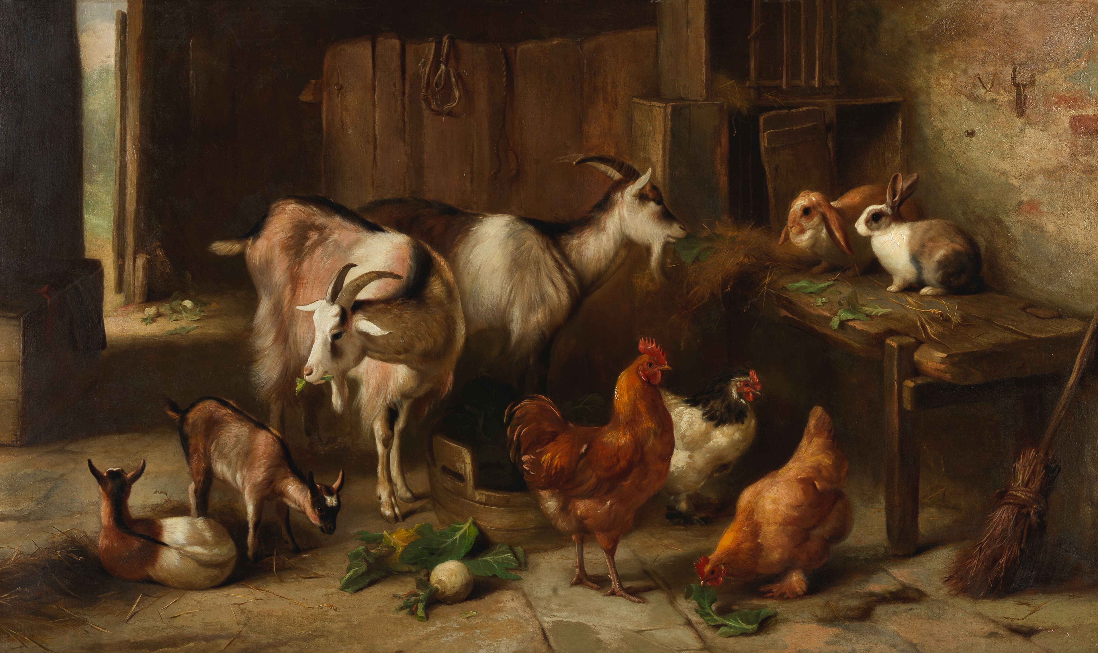 Bonhams : Edgar Hunt (British, 1876-1953) Goats, hens and rabbits in a barn