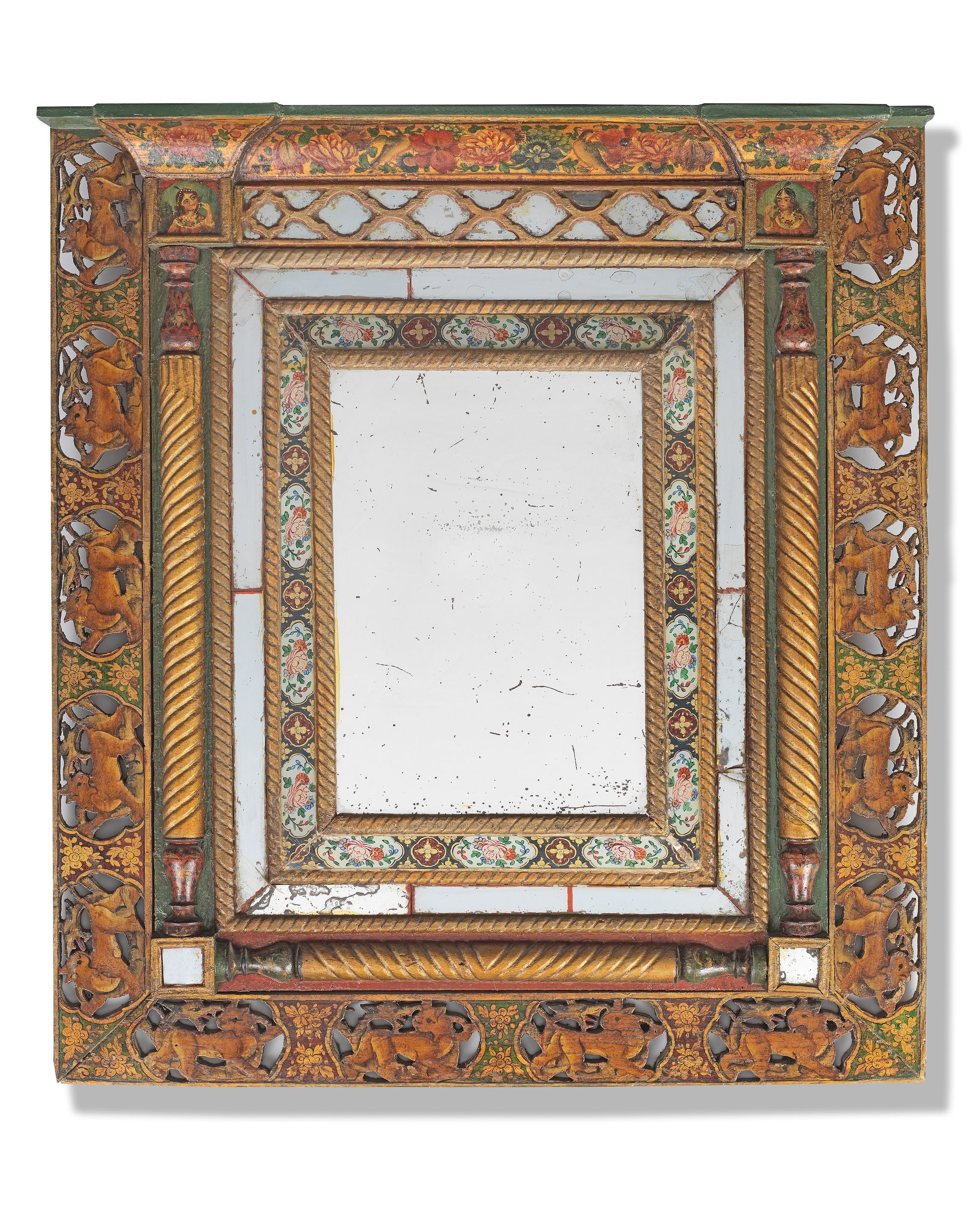 Bonhams : A Qajar reverse-glass painted mirror with painted wood frame ...