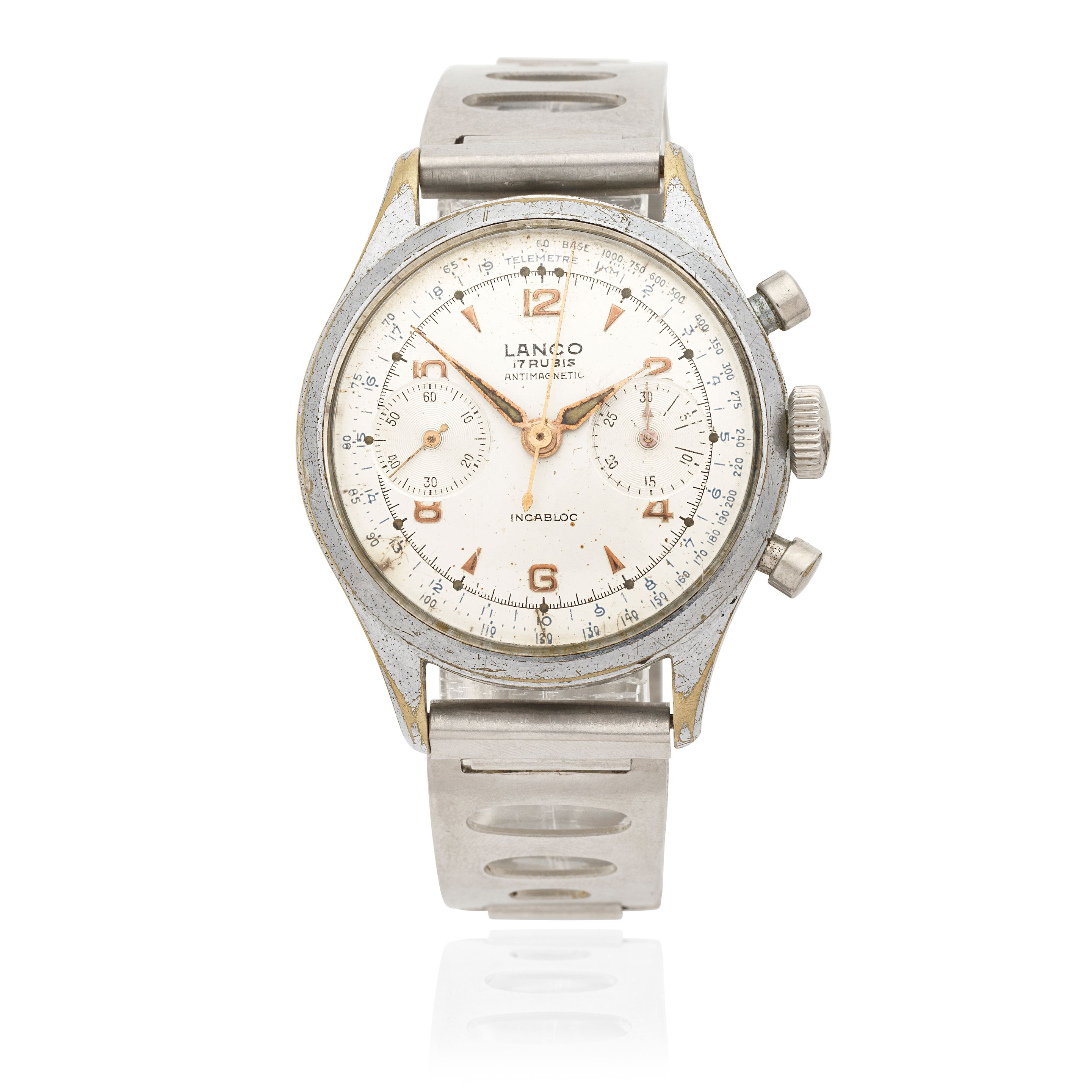Bonhams : Lanco. A chrome plated manual wind chronograph bracelet watch ...