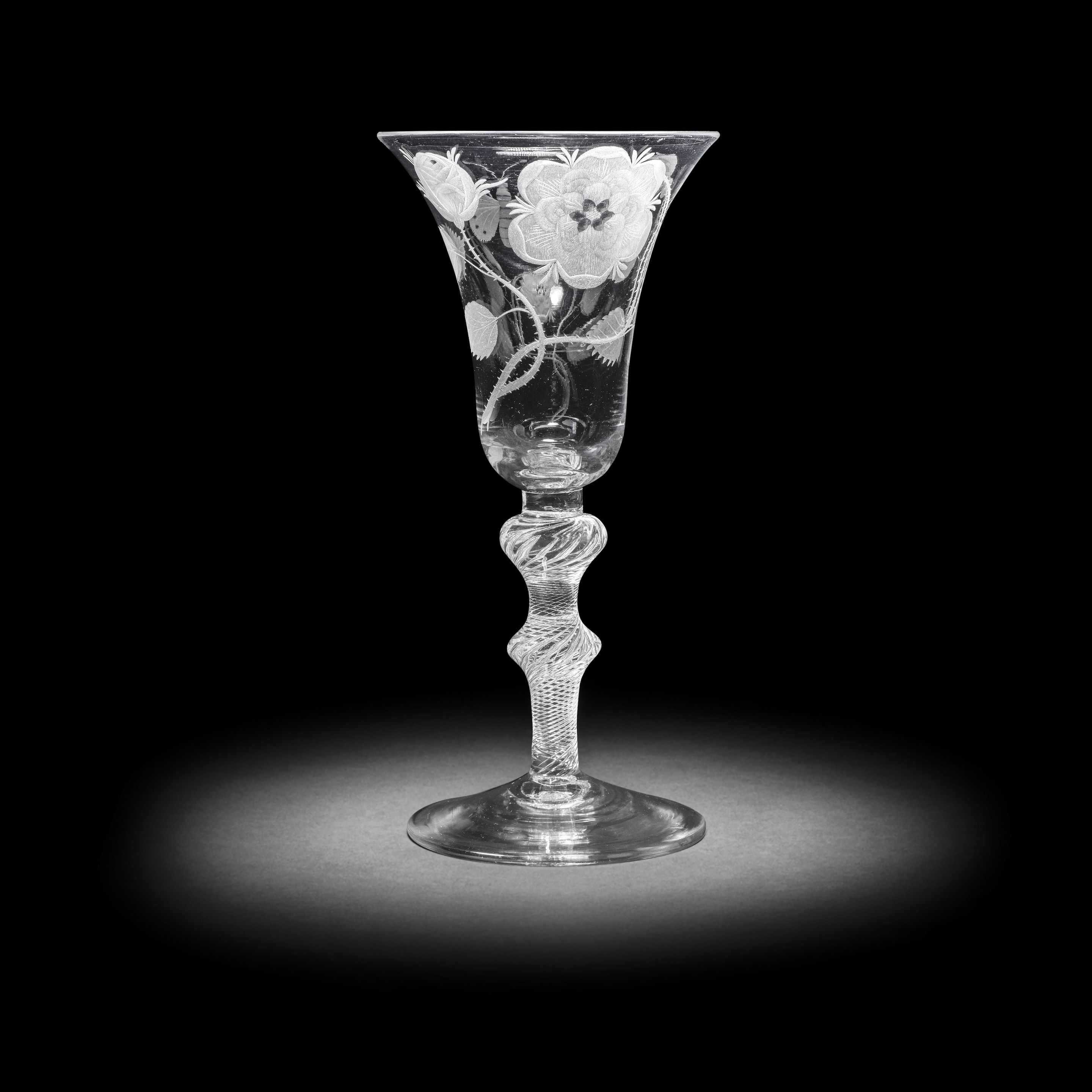 Bonhams : An impressive Jacobite engraved airtwist goblet, circa 1750