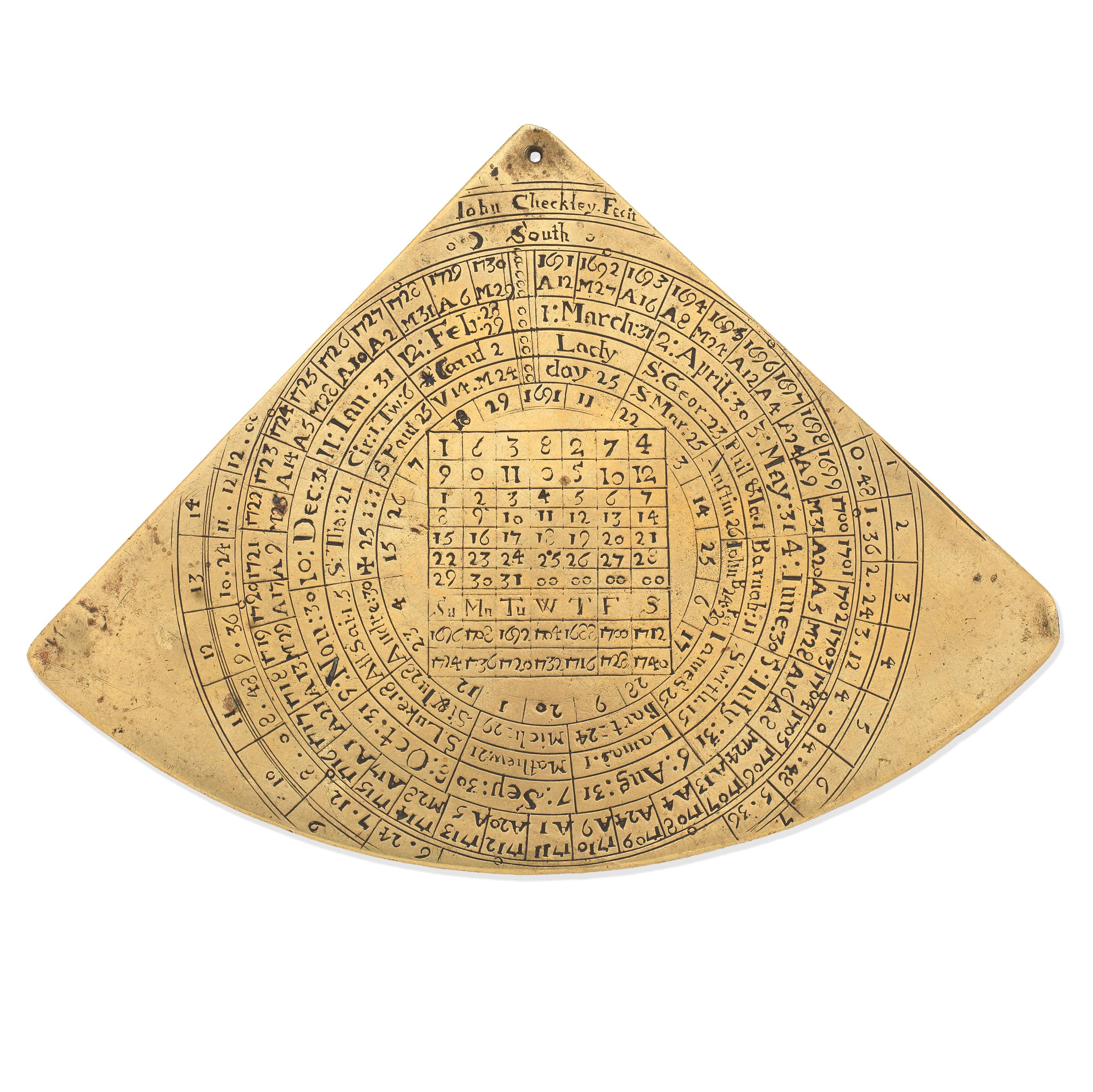 Bonhams : A small John Checkley brass Gunter quadrant, English, dated 1691,