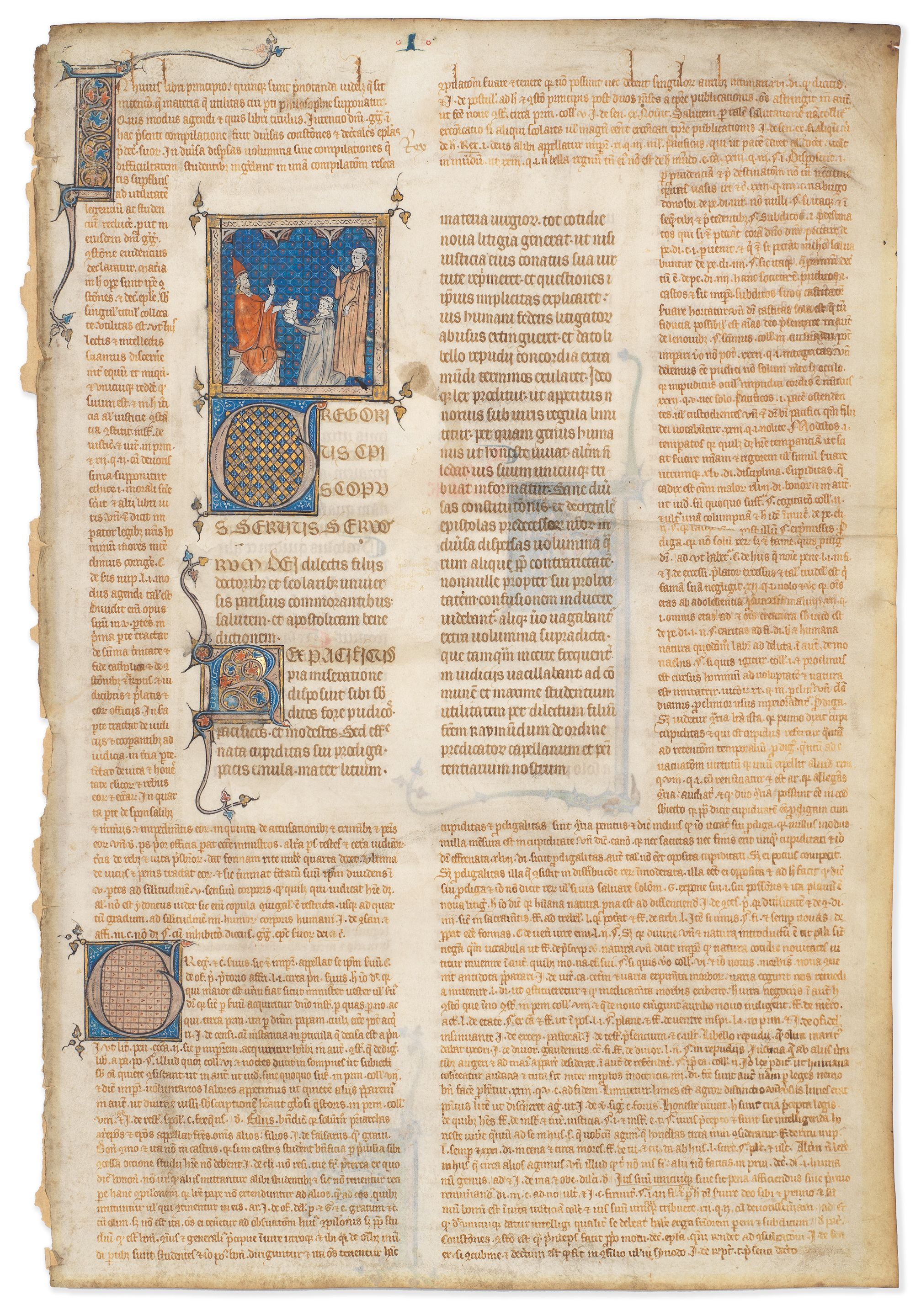 Bonhams : ILLUMINATED MANUSCRIPT LEAF Pope Gregory IX receiving the ...