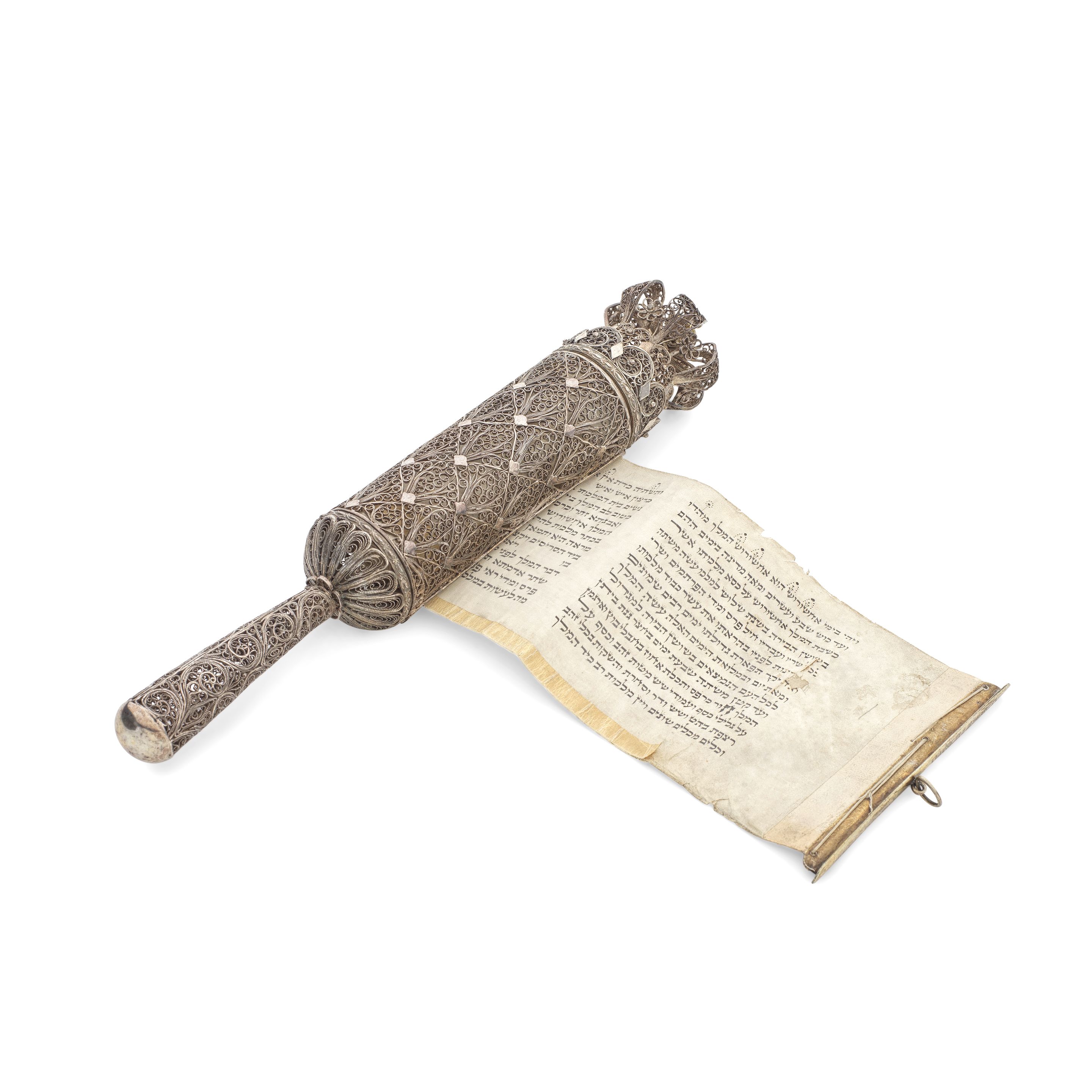 Bonhams : A silver and gilt filigree 'Esther' Megillah scroll holder ...