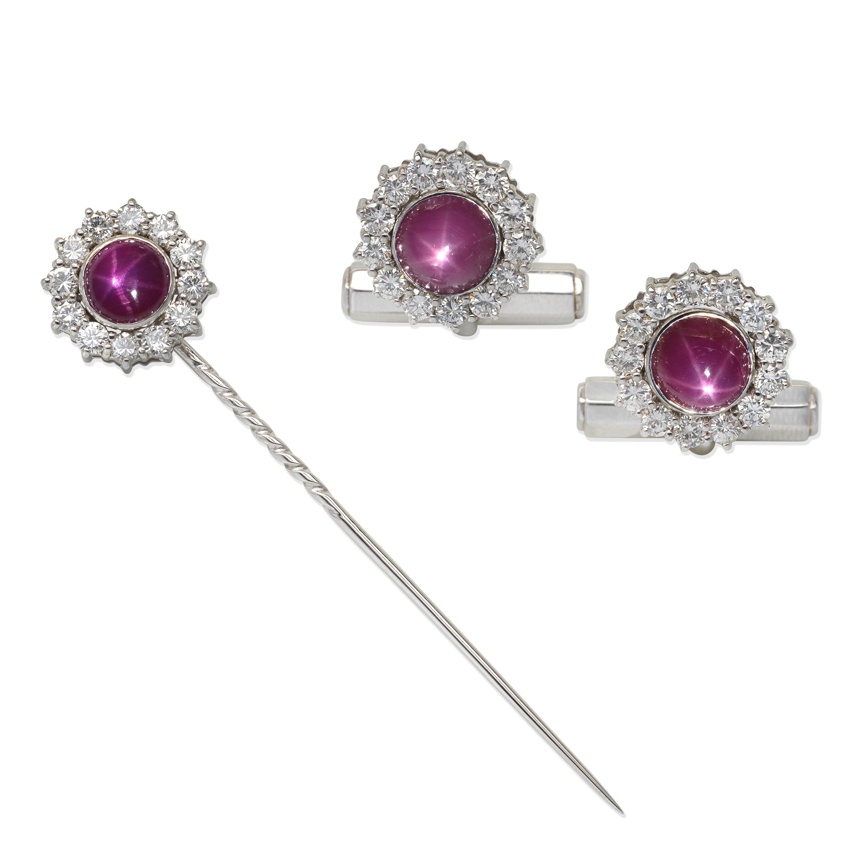 Bonhams : ASPREY STAR RUBY AND DIAMOND CUFFLINKS AND STICKPIN,