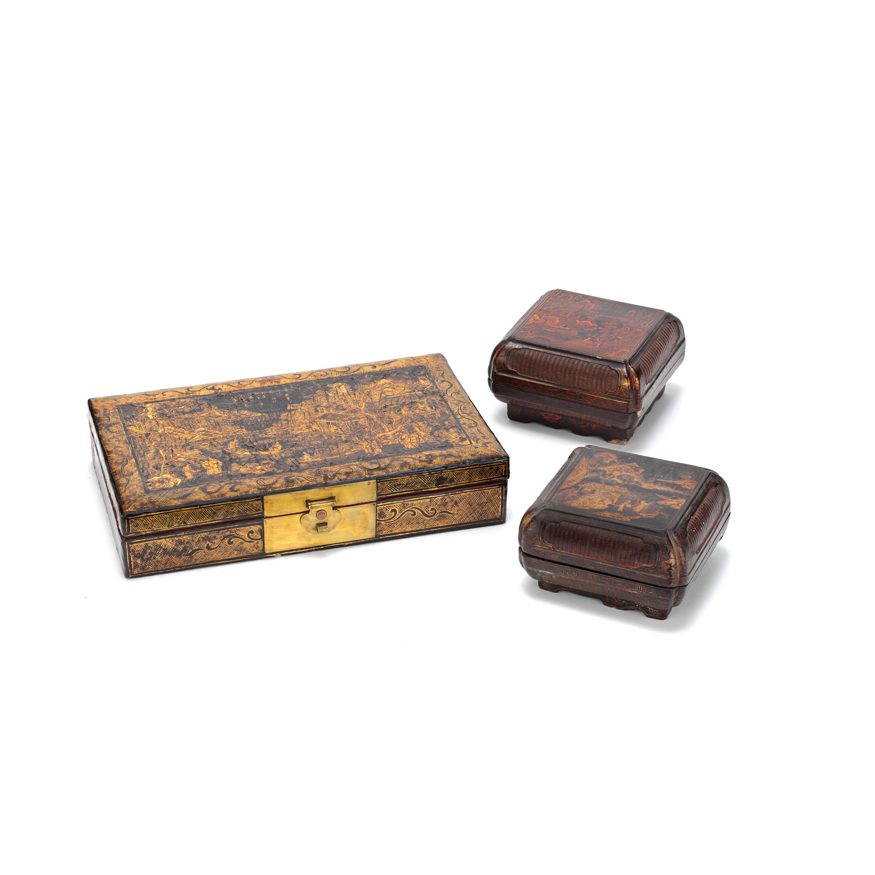 Bonhams : THREE GILT-DECORATED BLACK LACQUER 'LANDSCAPE' BOXES Qing ...
