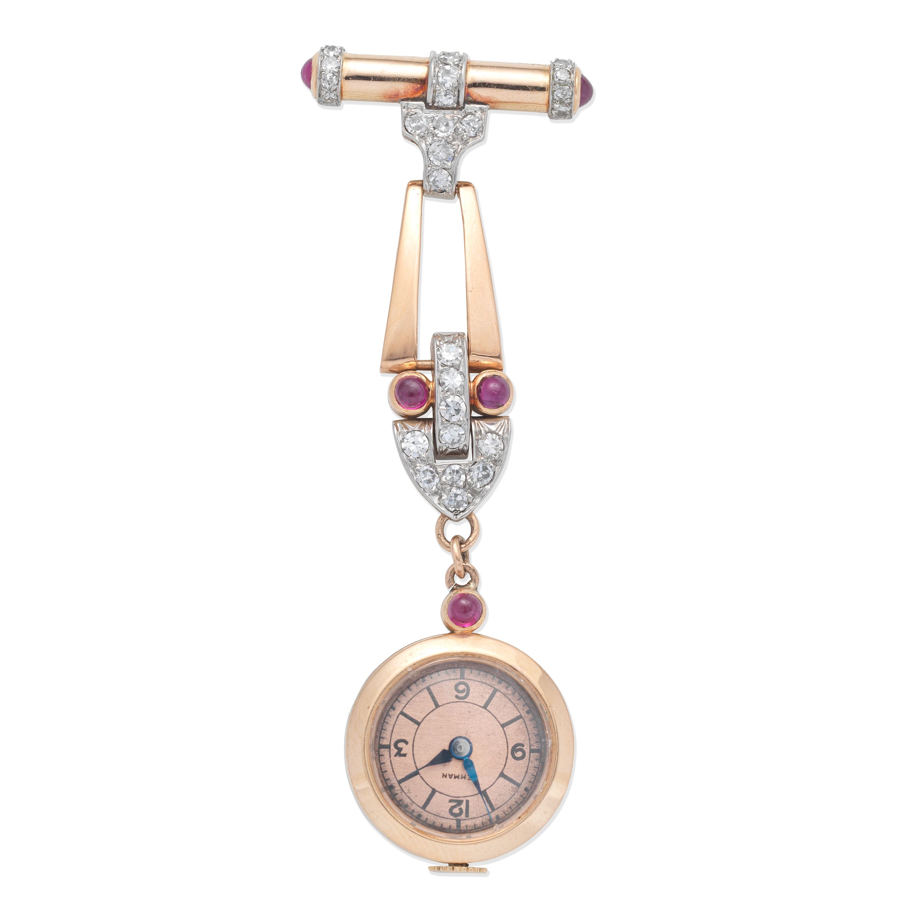 Bonhams : RUBY AND DIAMOND FOB WATCH/BROOCH