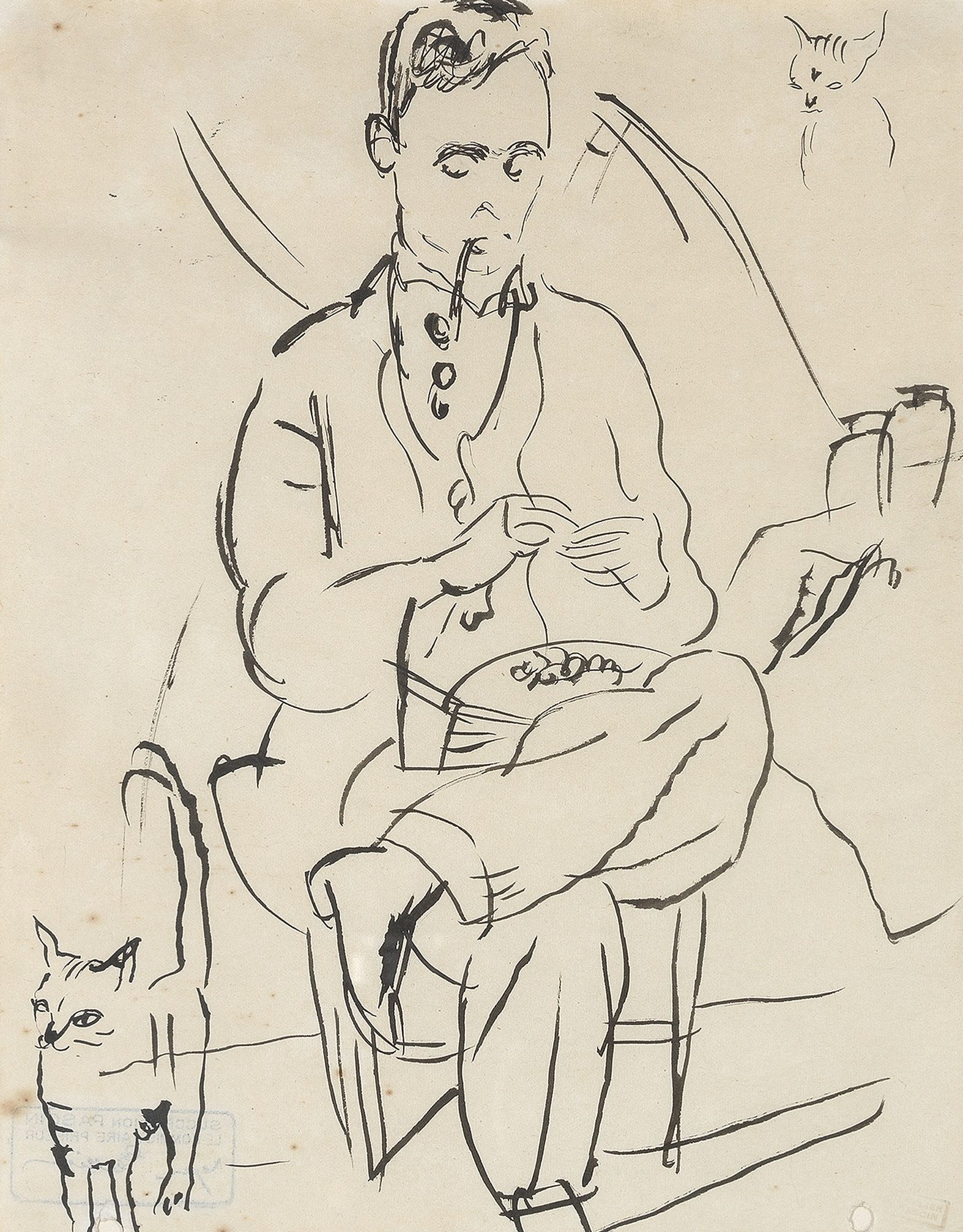 Bonhams : Jules Pascin (1885-1930) Le fumeur et son chat