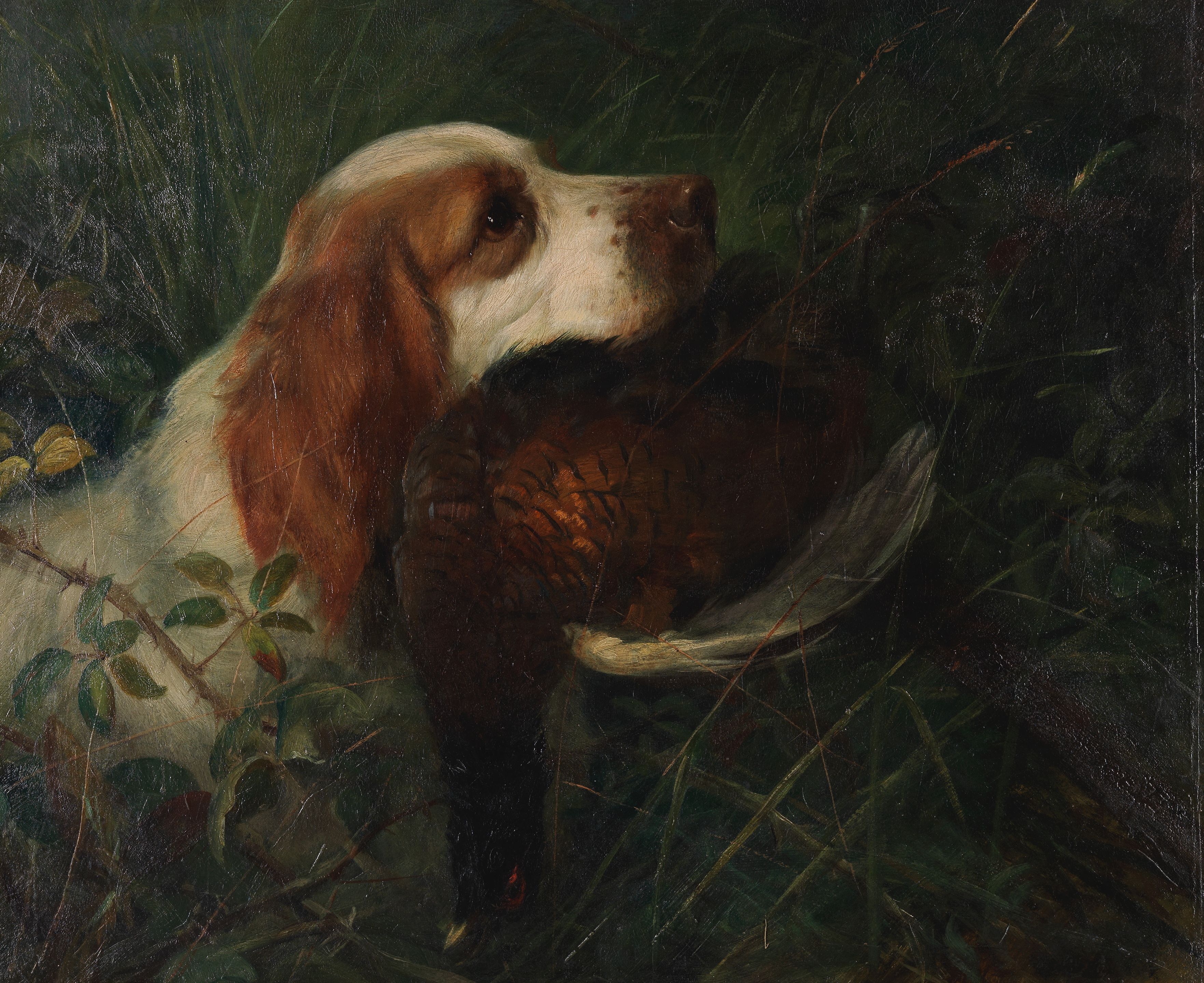Bonhams : George Earl (British, 1824-1908) Spaniel retrieving a pheasant