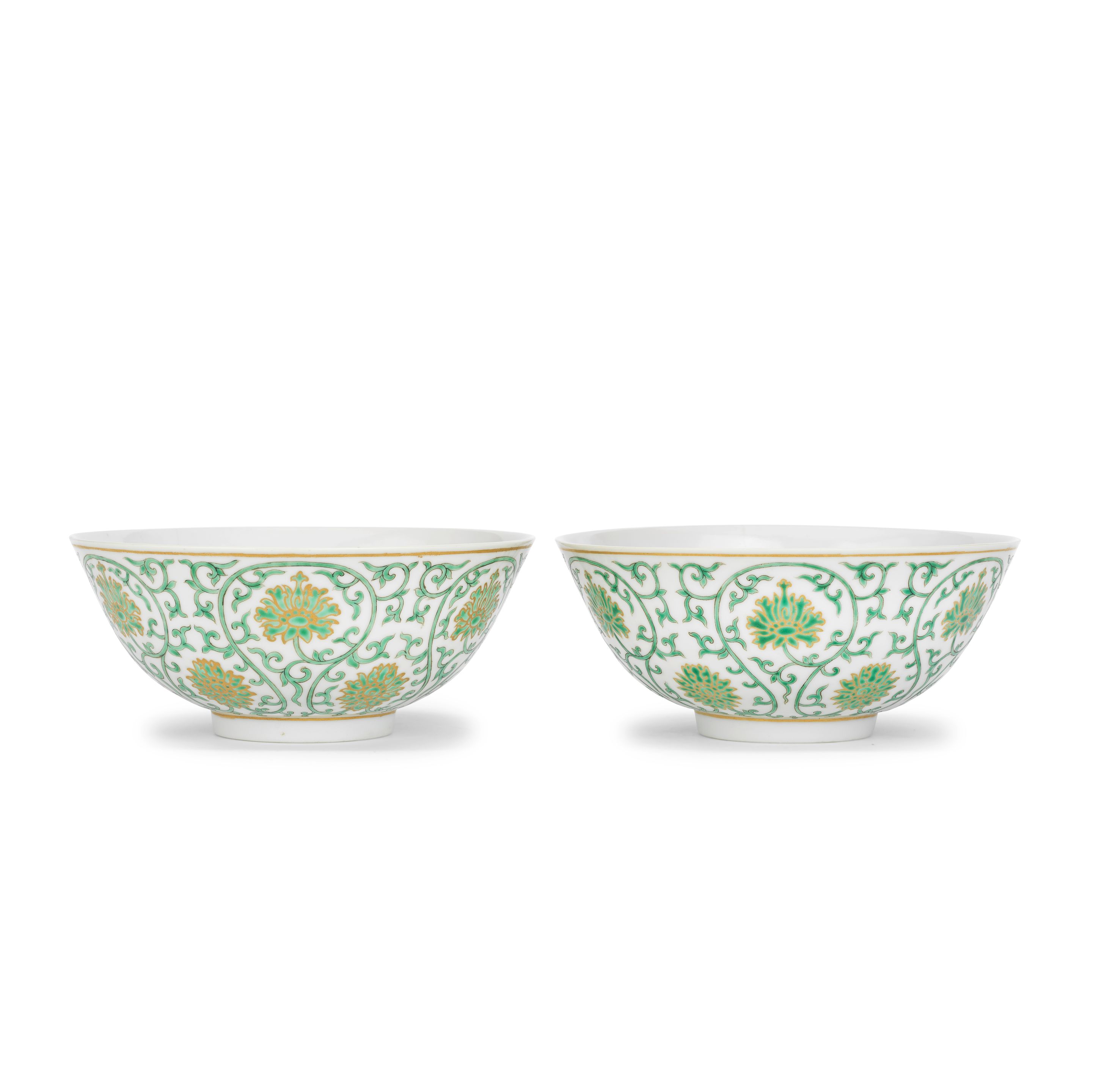 Bonhams : A PAIR OF GILT-DECORATED GREEN-ENAMELLED 'LOTUS SCROLL' BOWLS Daoguang seal marks ...