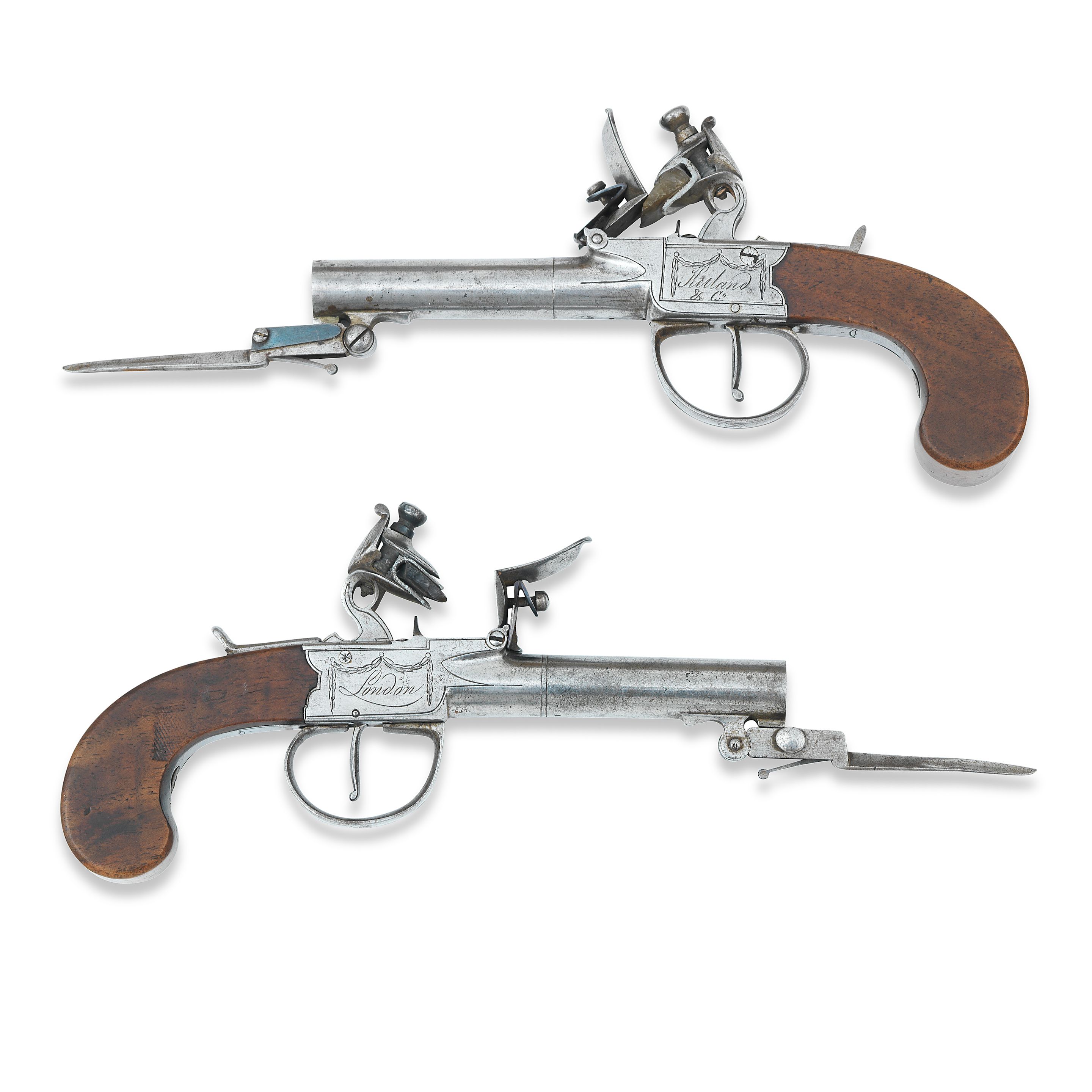 Bonhams : A pair of English flintlock boxlock pistols with spring ...