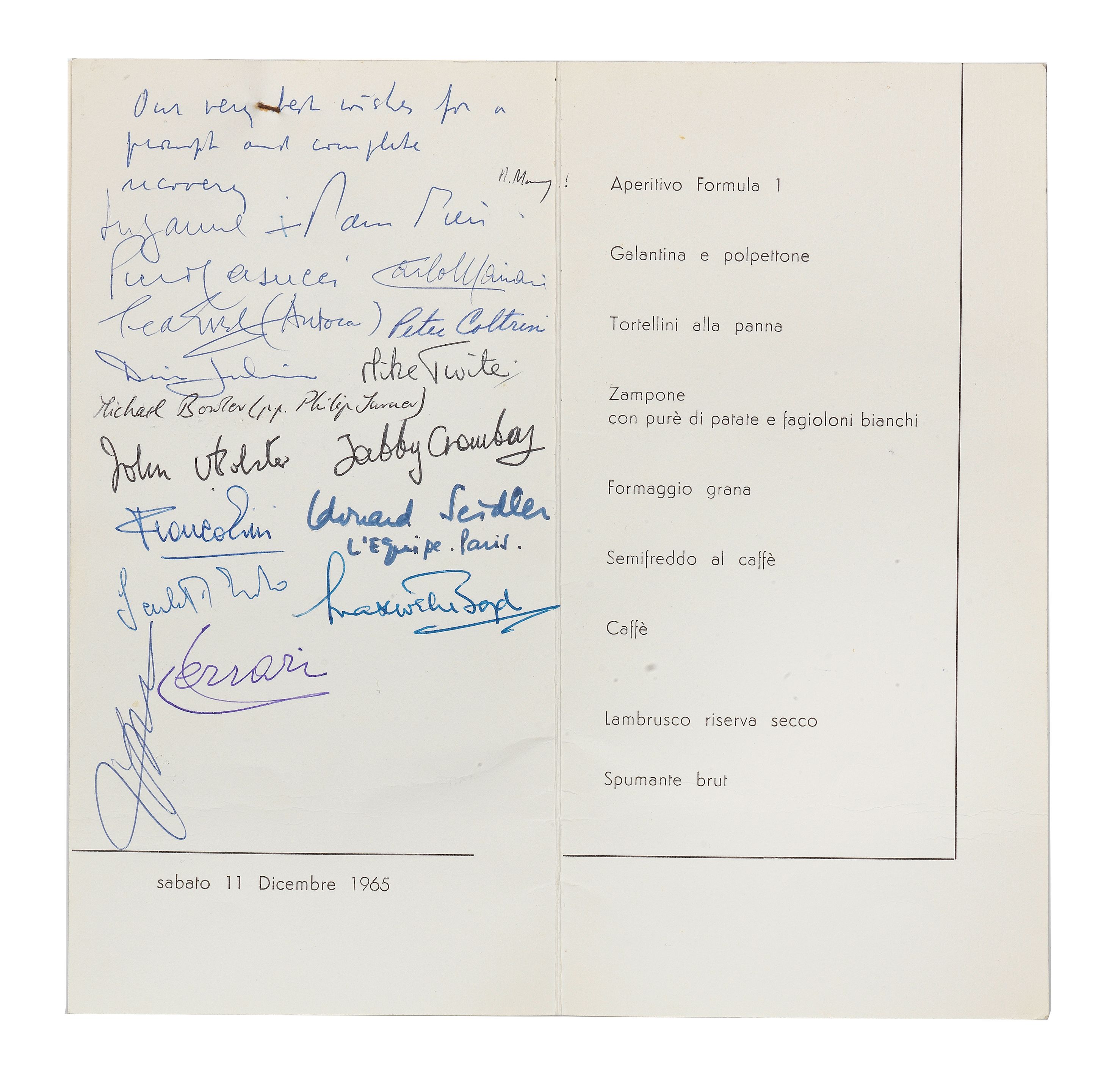 Bonhams Cars : An Enzo Ferrari signed menu from the 1965 Ferrari ...