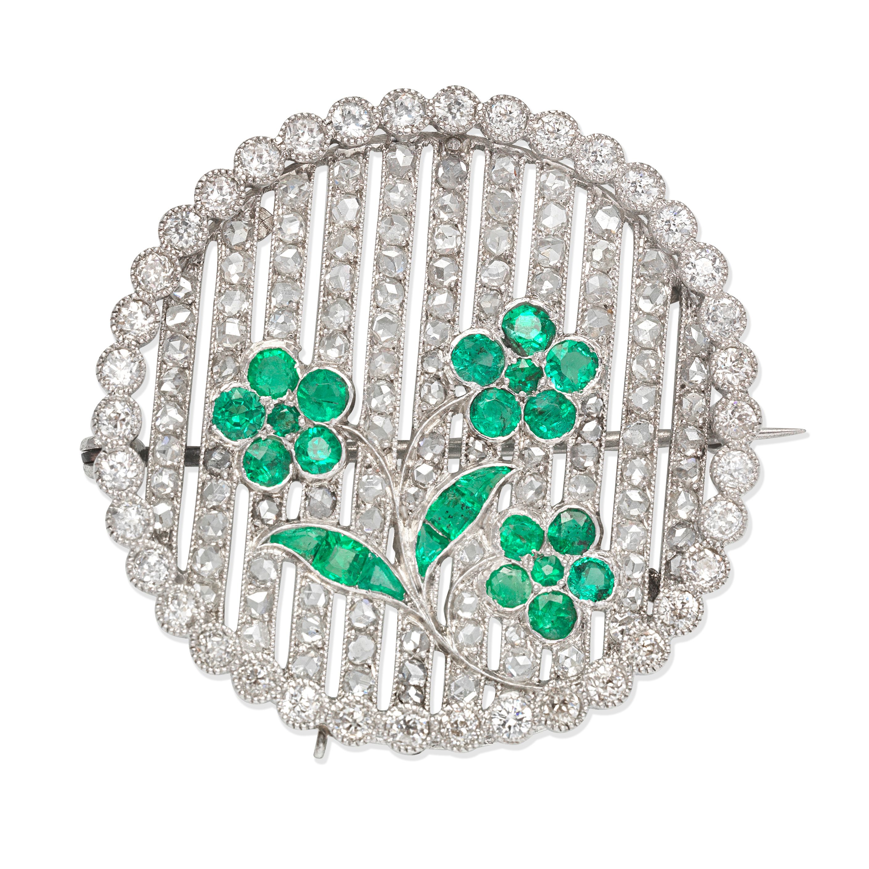 Bonhams : BELLE ÉPOQUE EMERALD AND DIAMOND BROOCH,
