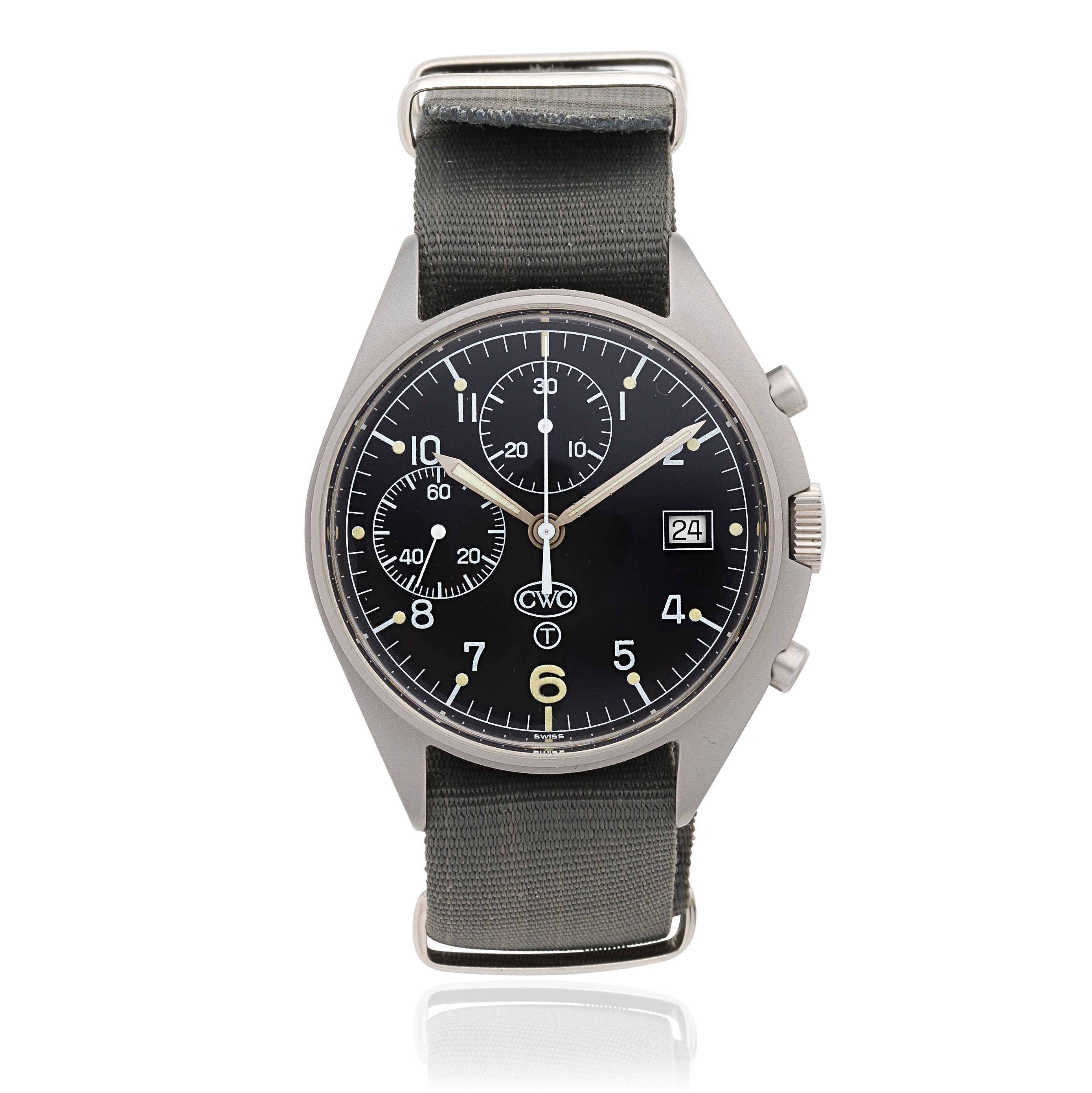 Bonhams : CWC. A stainless steel military manual wind calendar ...