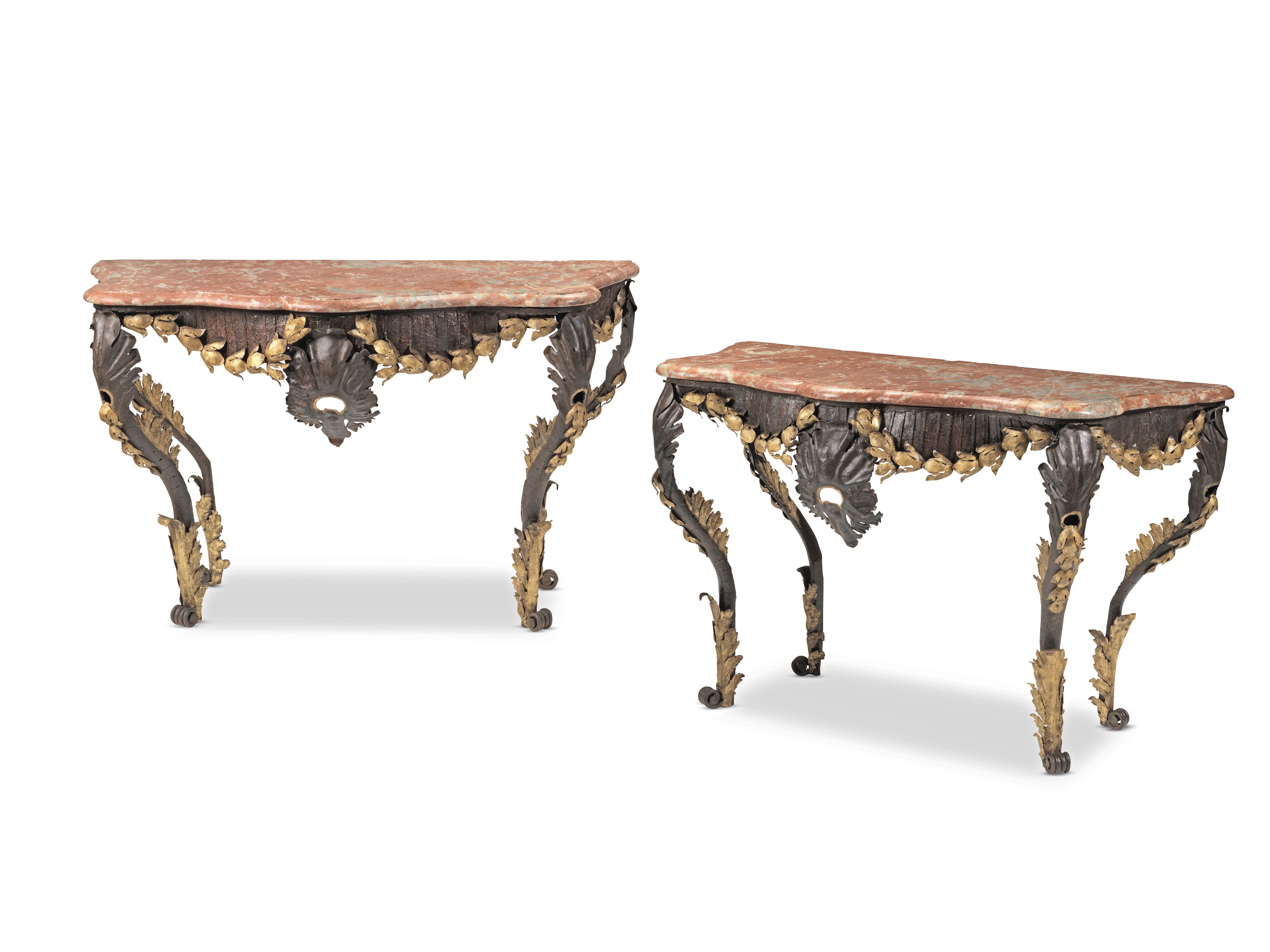 Bonhams : A pair of first half 20th century patinated pressed iron and parcel gilt metal console ...