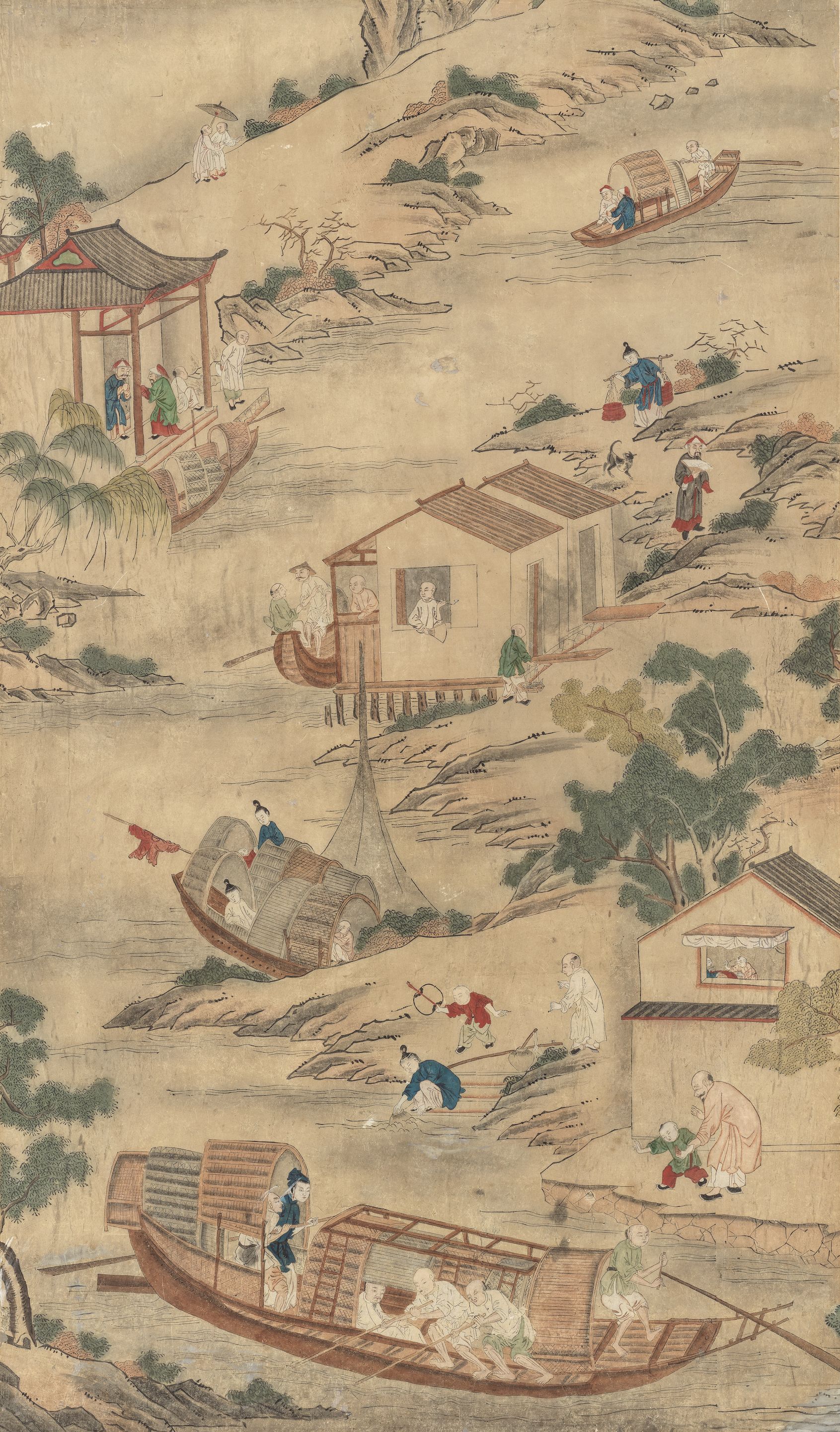 Bonhams : A 'CANTON LANDSCAPE' PAINTED WALLPAPER PANEL 18th century