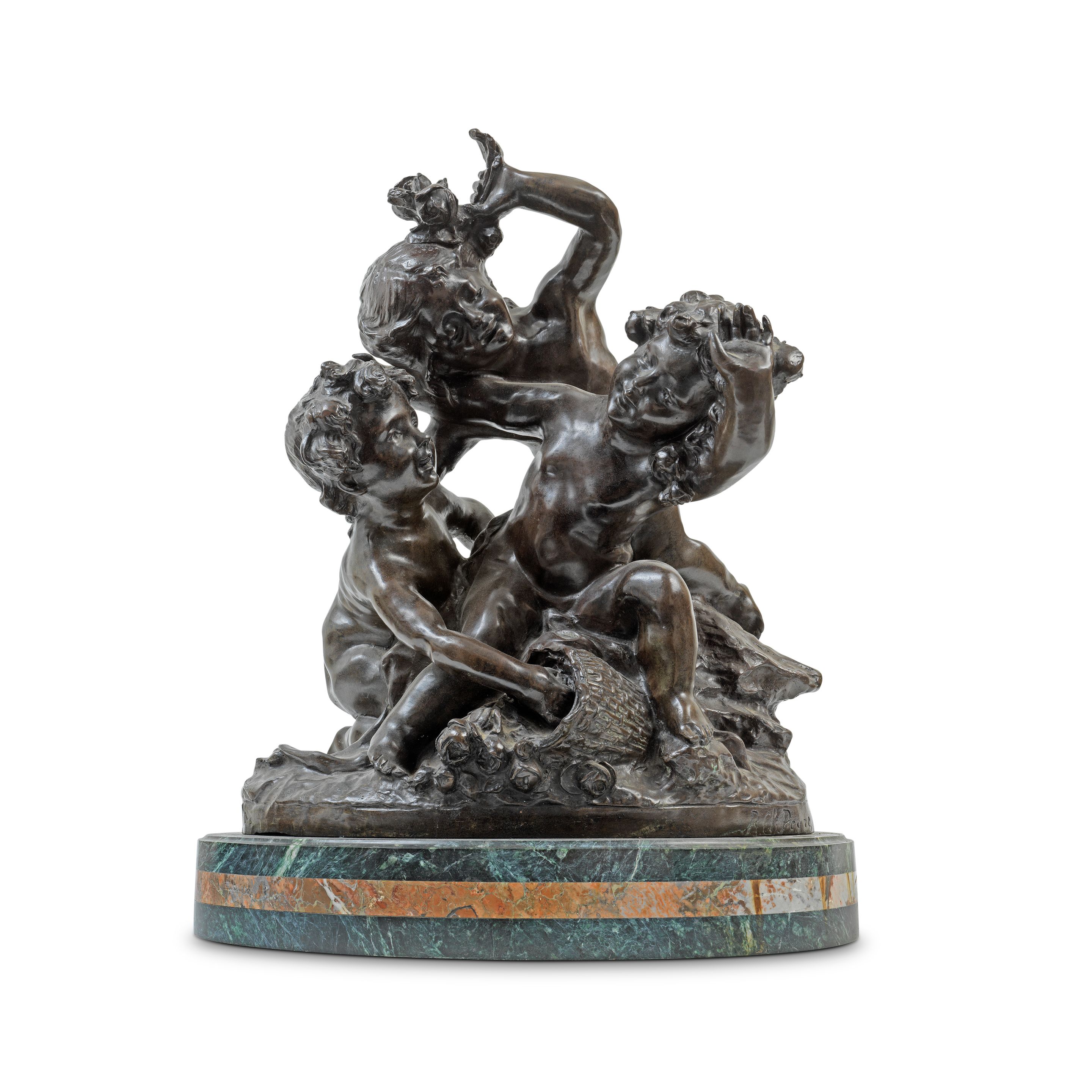Bonhams : A decorative patinated bronze figural group of three playful putti after a model by ...
