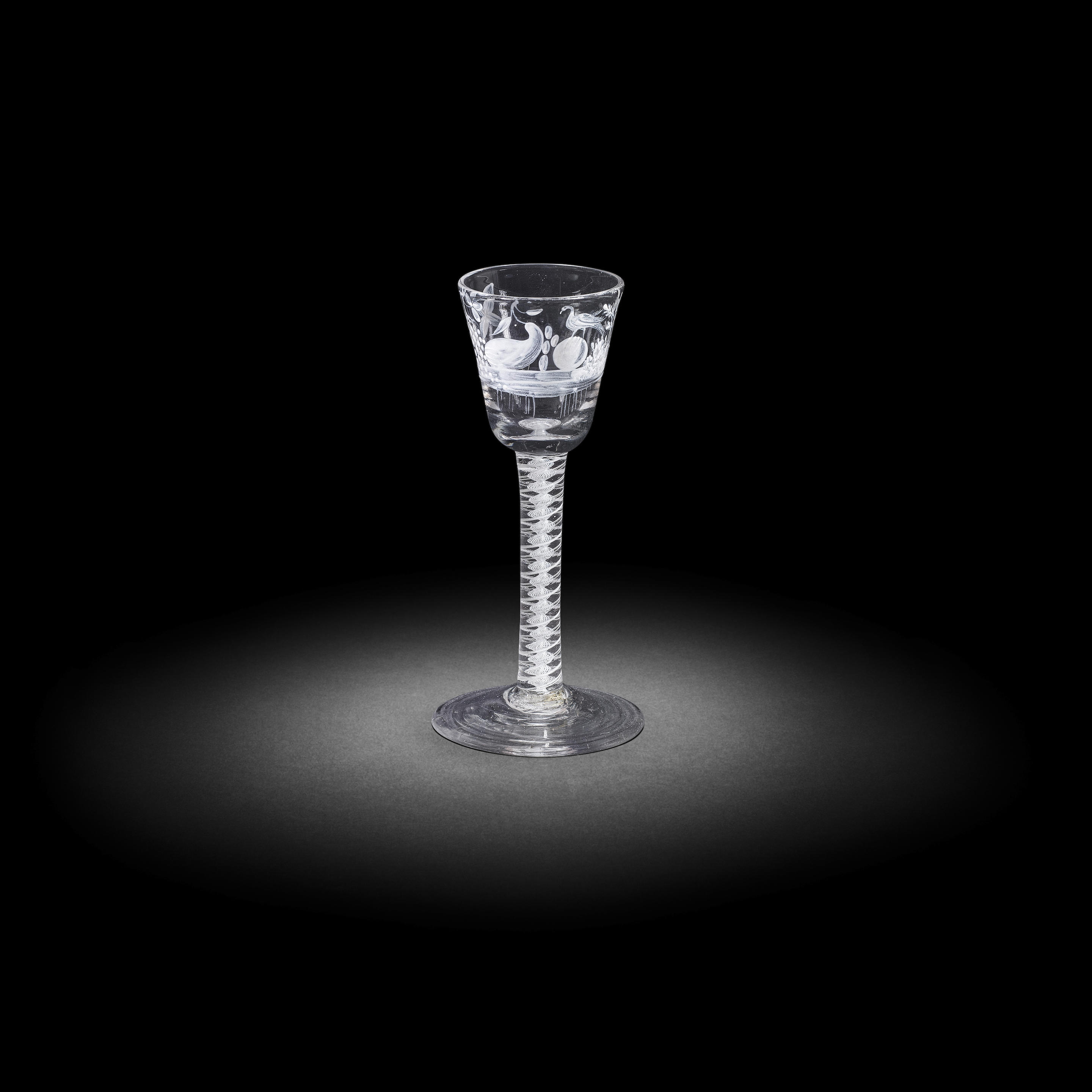 Bonhams : A fine Beilby enamelled opaque twist wine glass, circa 1765