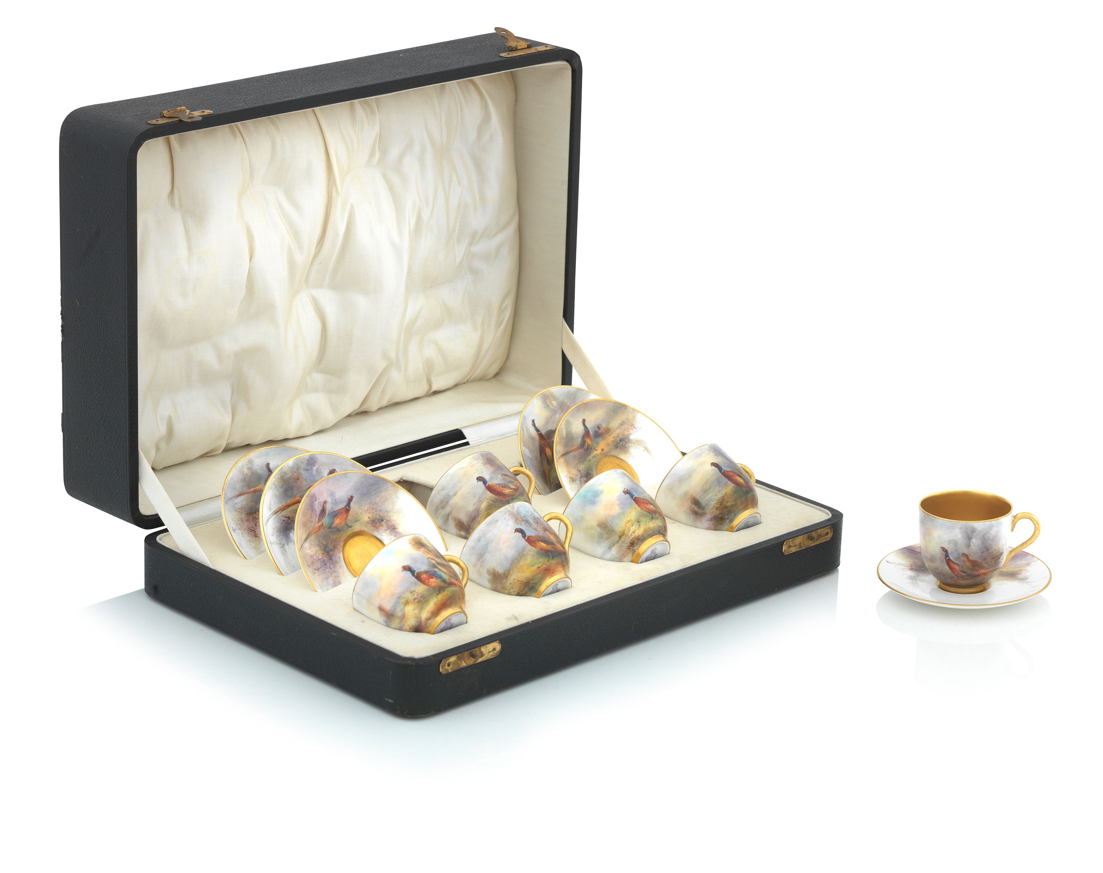 Bonhams : A cased set of six Royal Worcester coffee cups and saucers By James Stinton