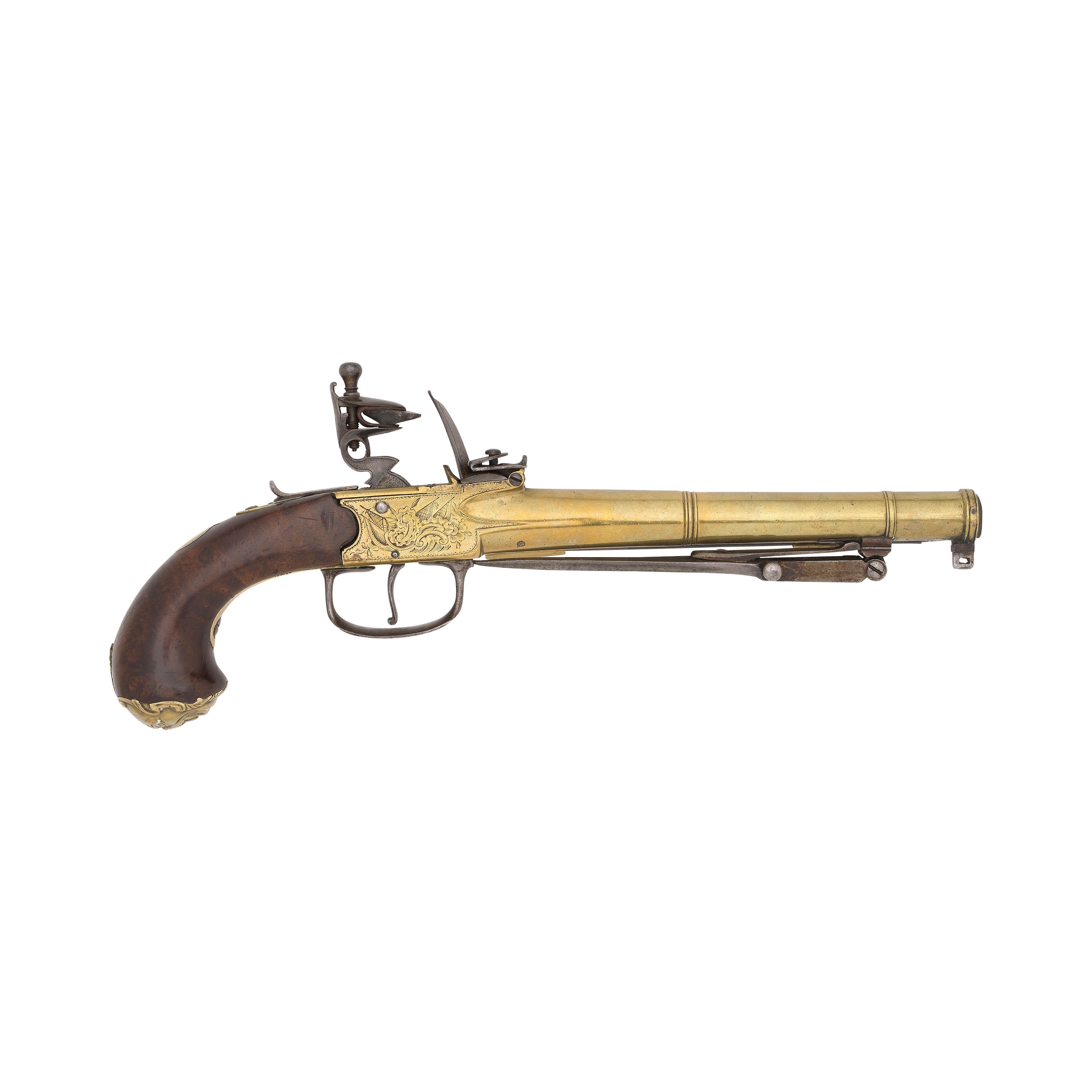 Bonhams : An Unusual 25-Bore Flintlock Box-Lock Pistol With Spring Bayonet