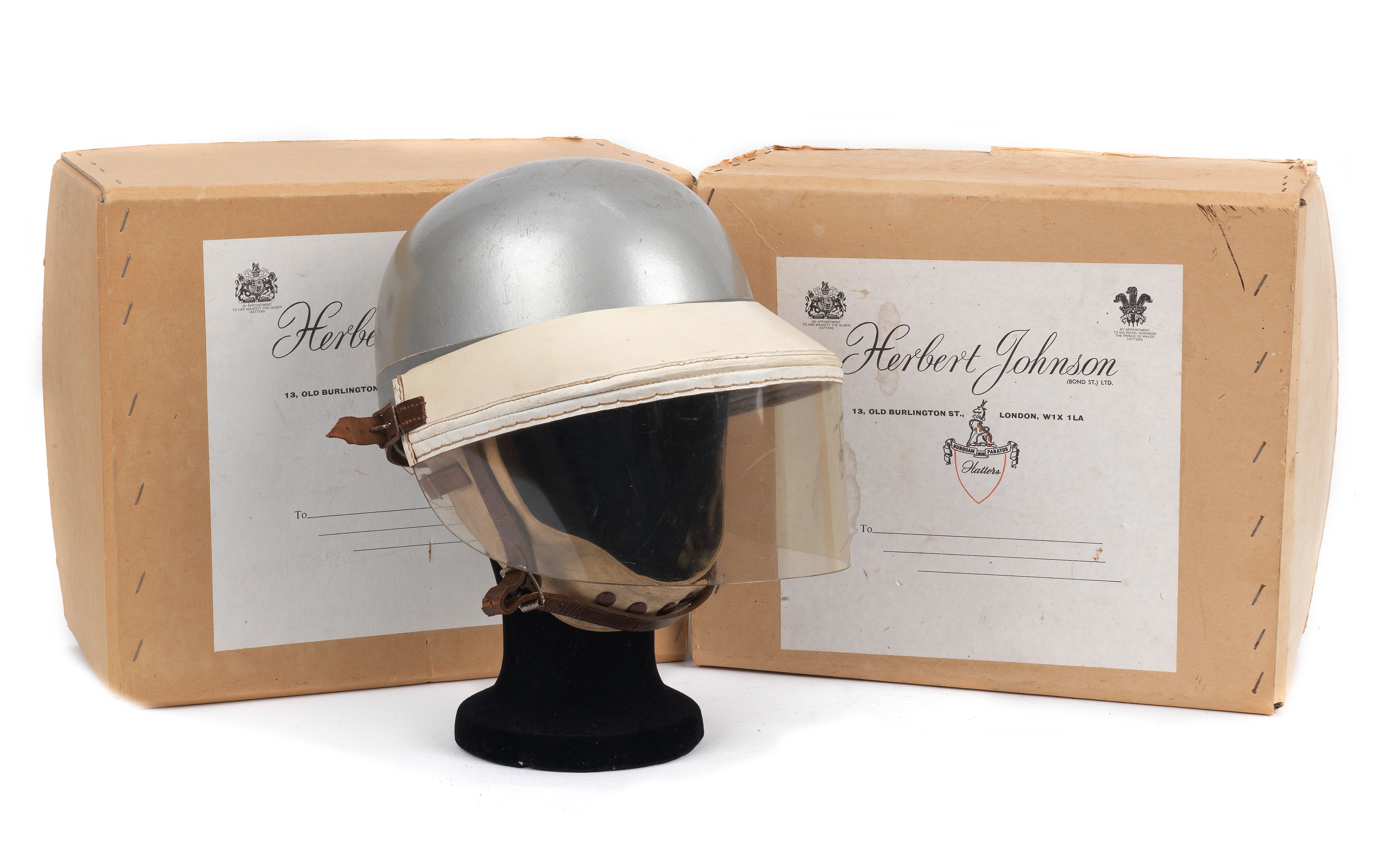 Bonhams Cars : A boxed Herbert Johnson race helmet, mid-1950s, ((Qty))