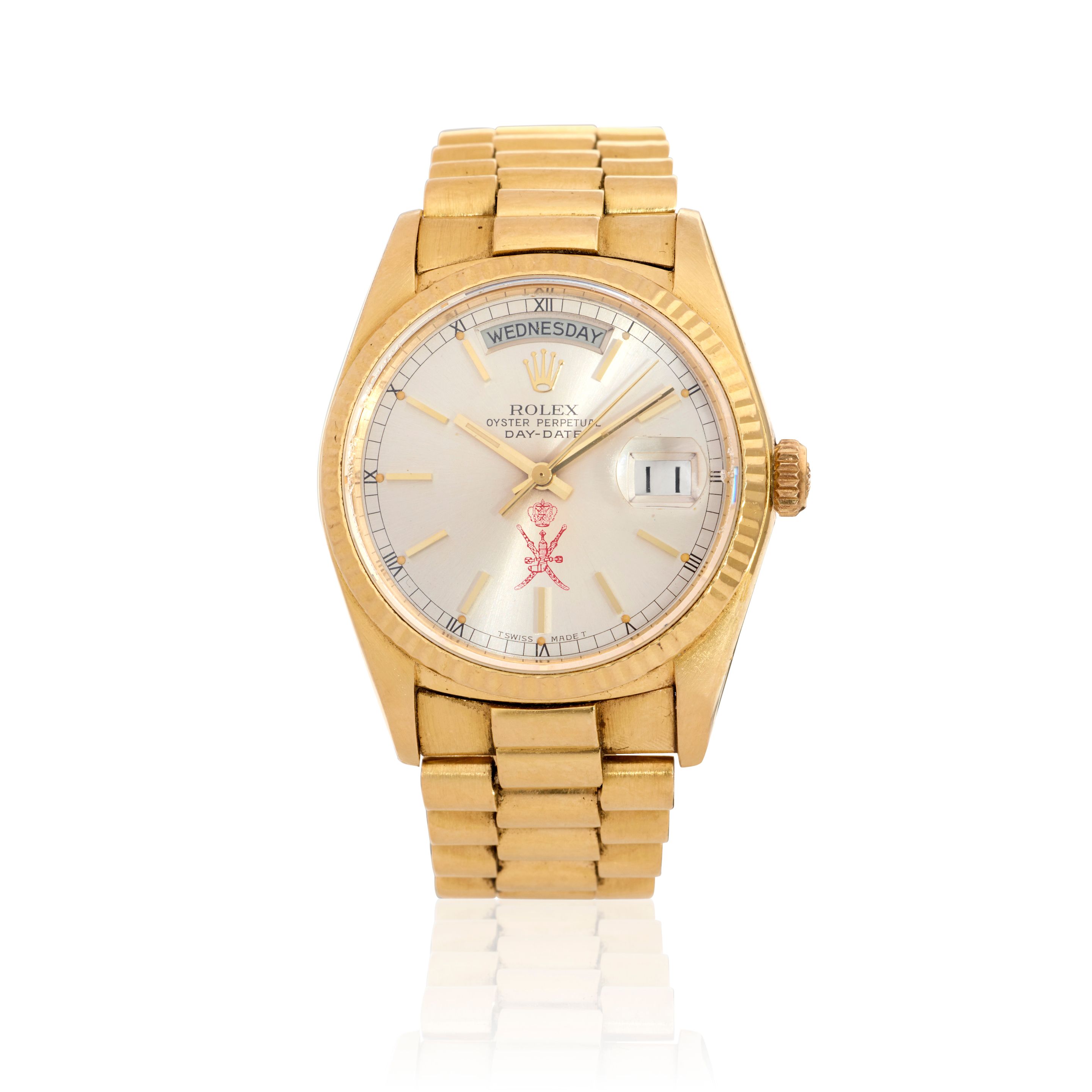 Bonhams : Rolex. An 18K gold automatic calendar bracelet watch with Khanjar emblem Day-Date, Ref ...