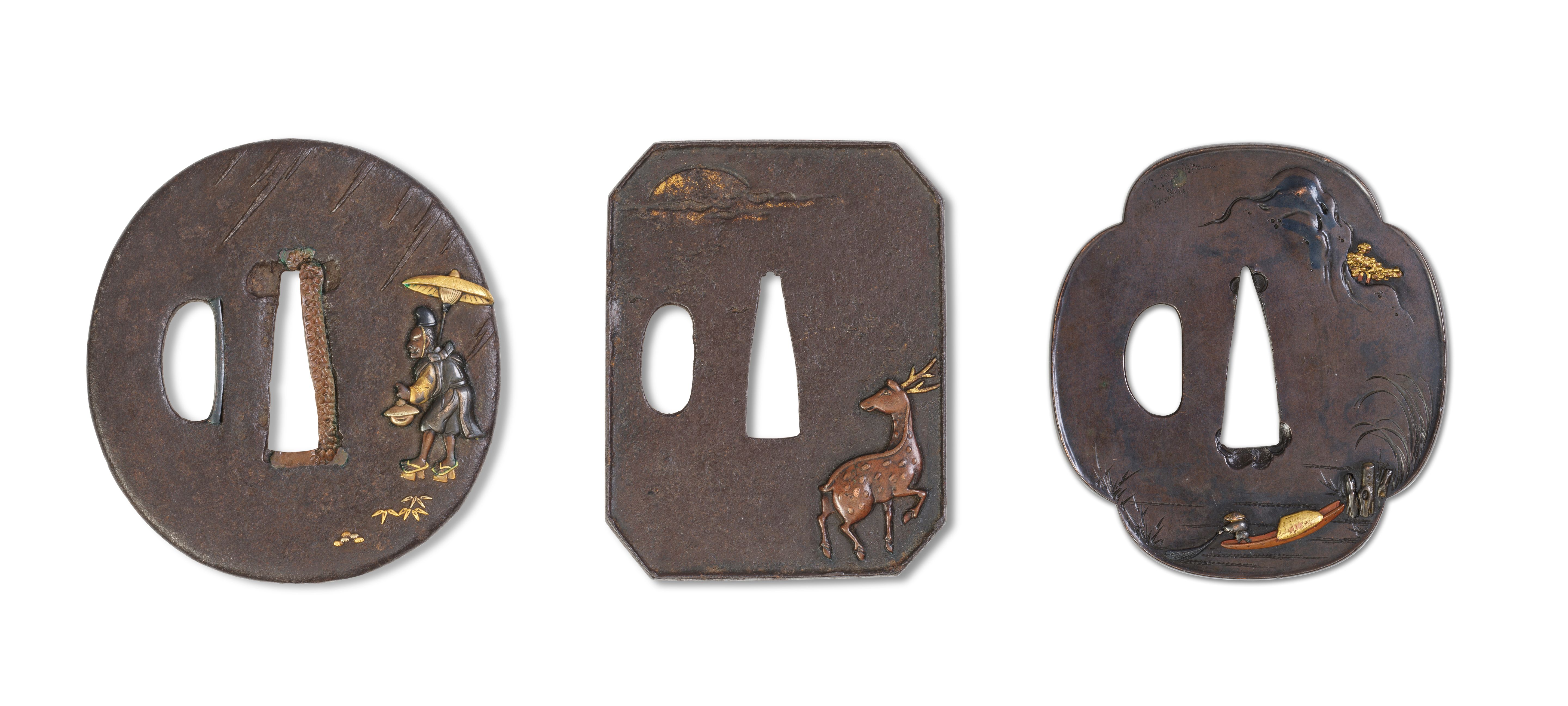 Bonhams : THREE SMALL TSUBA (HAND GUARDS) Edo period (1615-1868), 19th ...