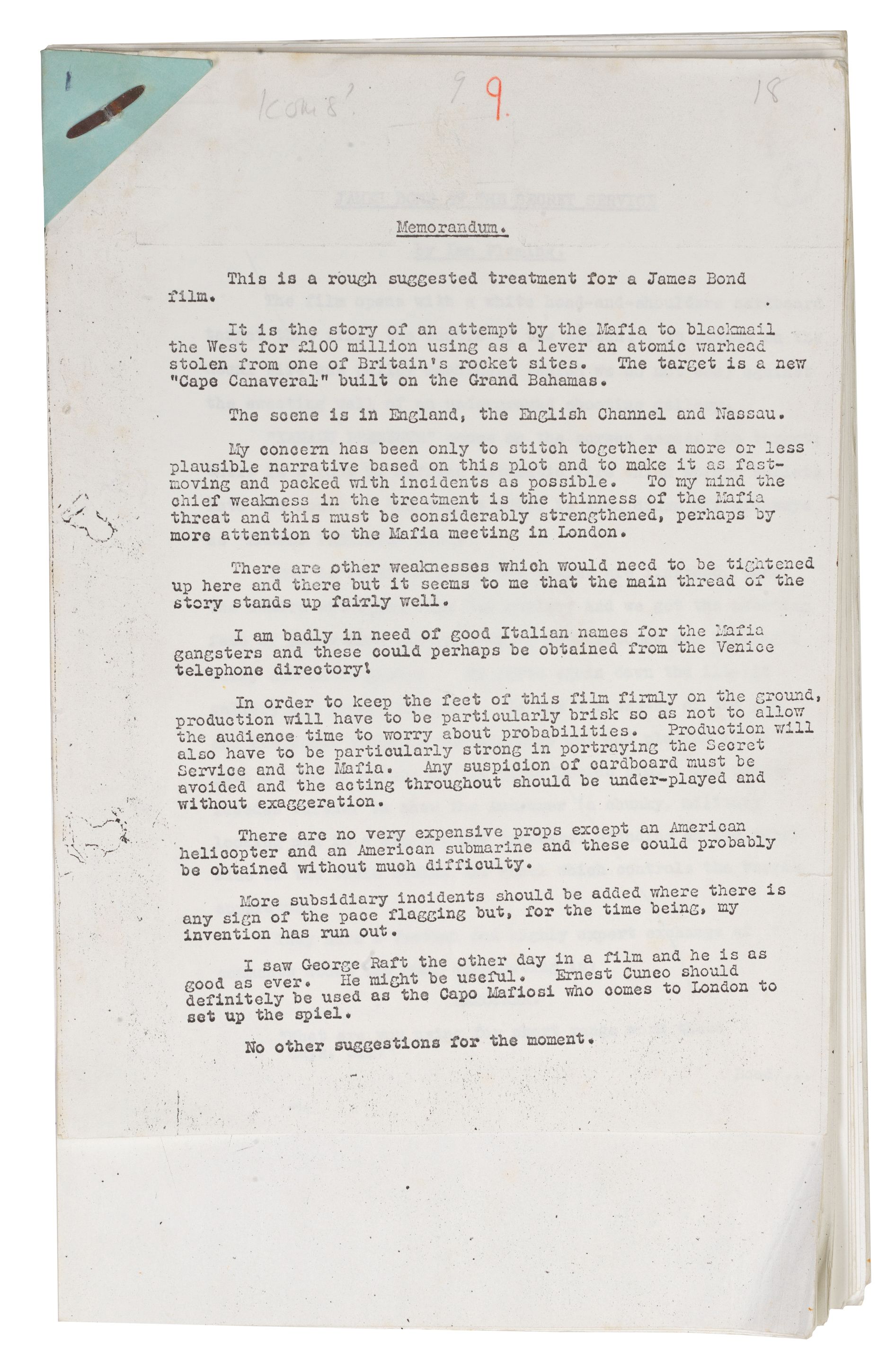 Bonhams : Ian Fleming / James Bond A copy Memorandum to Jack ...